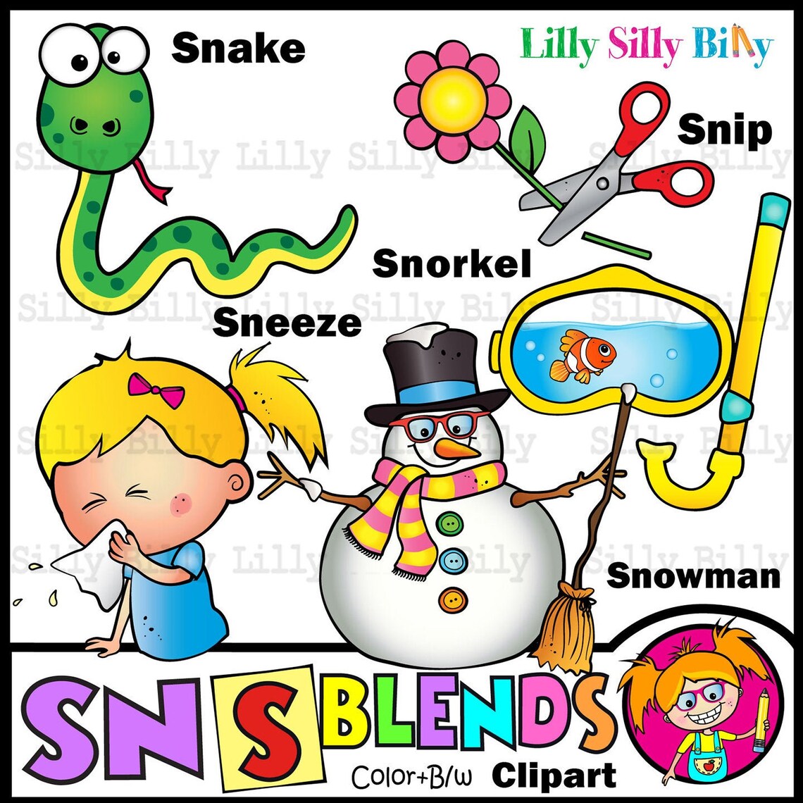 S Blends (sn), Black and White and Color Clipart. Word Illustrations ...