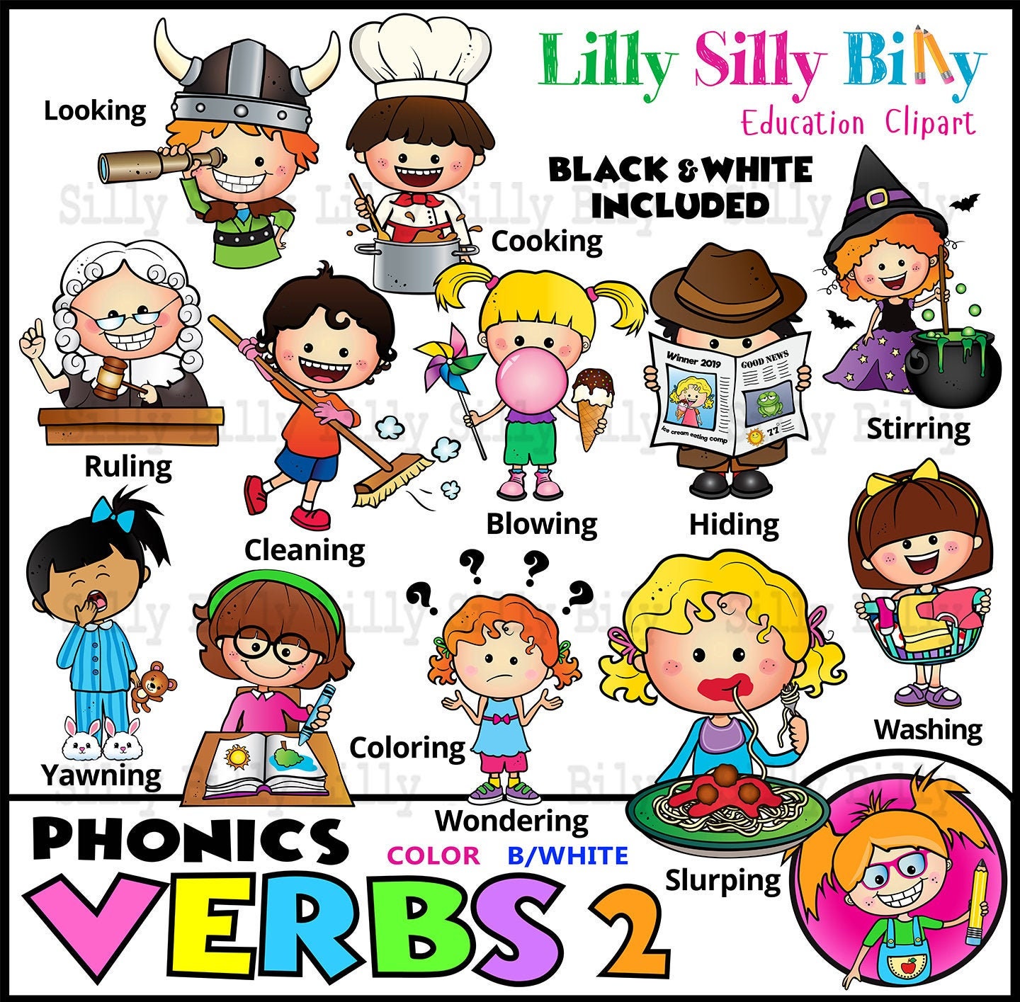 Phonics VERBS 2 B/W & Color Clipart lilly Silly Billy - Etsy