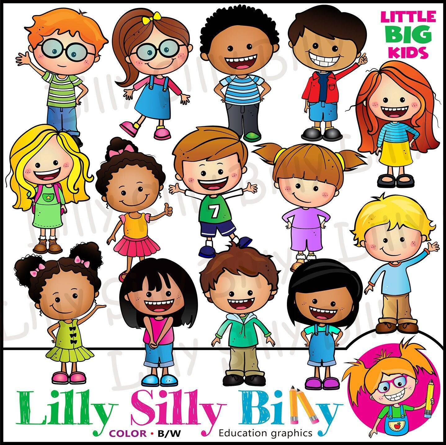 Little BIG Kids. BLACK and WHITE and Full Color Clipart Set. Education ...