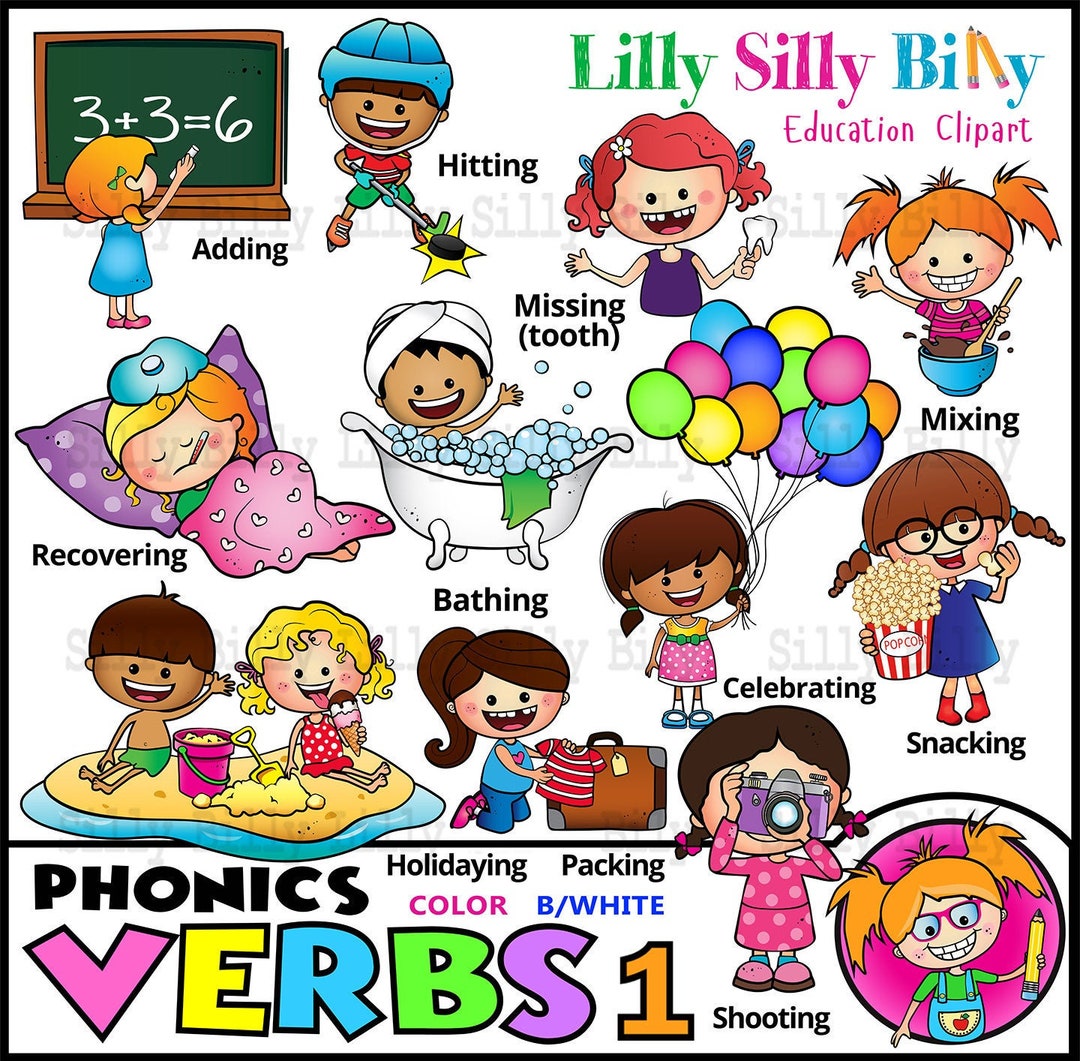 Phonics VERBS 1 - B/W & Color Clipart {lilly Silly Billy} - Etsy