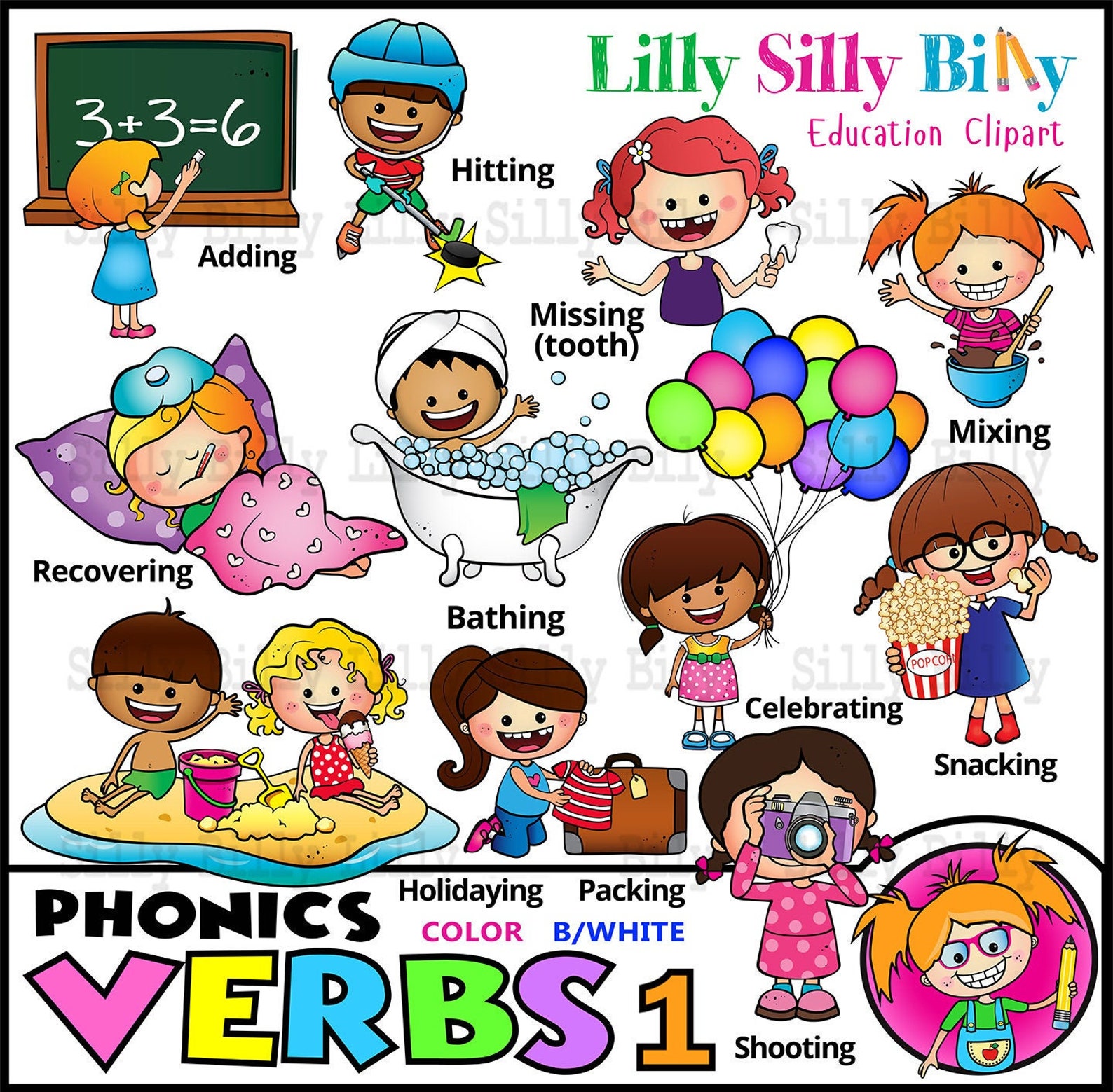 Phonics VERBS 1 B/W & Color Clipart lilly Silly Billy | Etsy