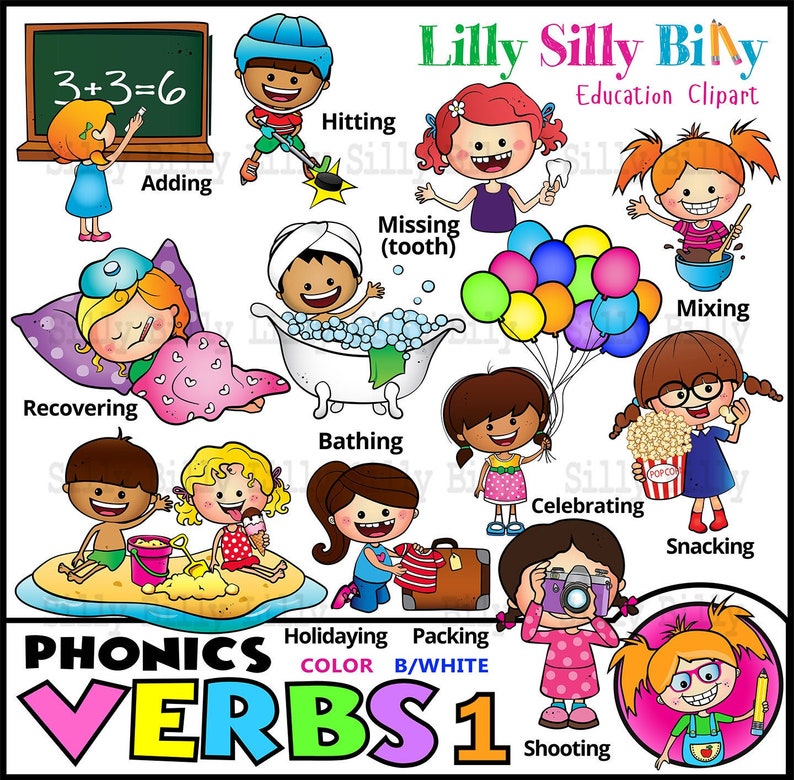 Phonics VERBS 1 B/W & Color Clipart lilly Silly Billy - Etsy