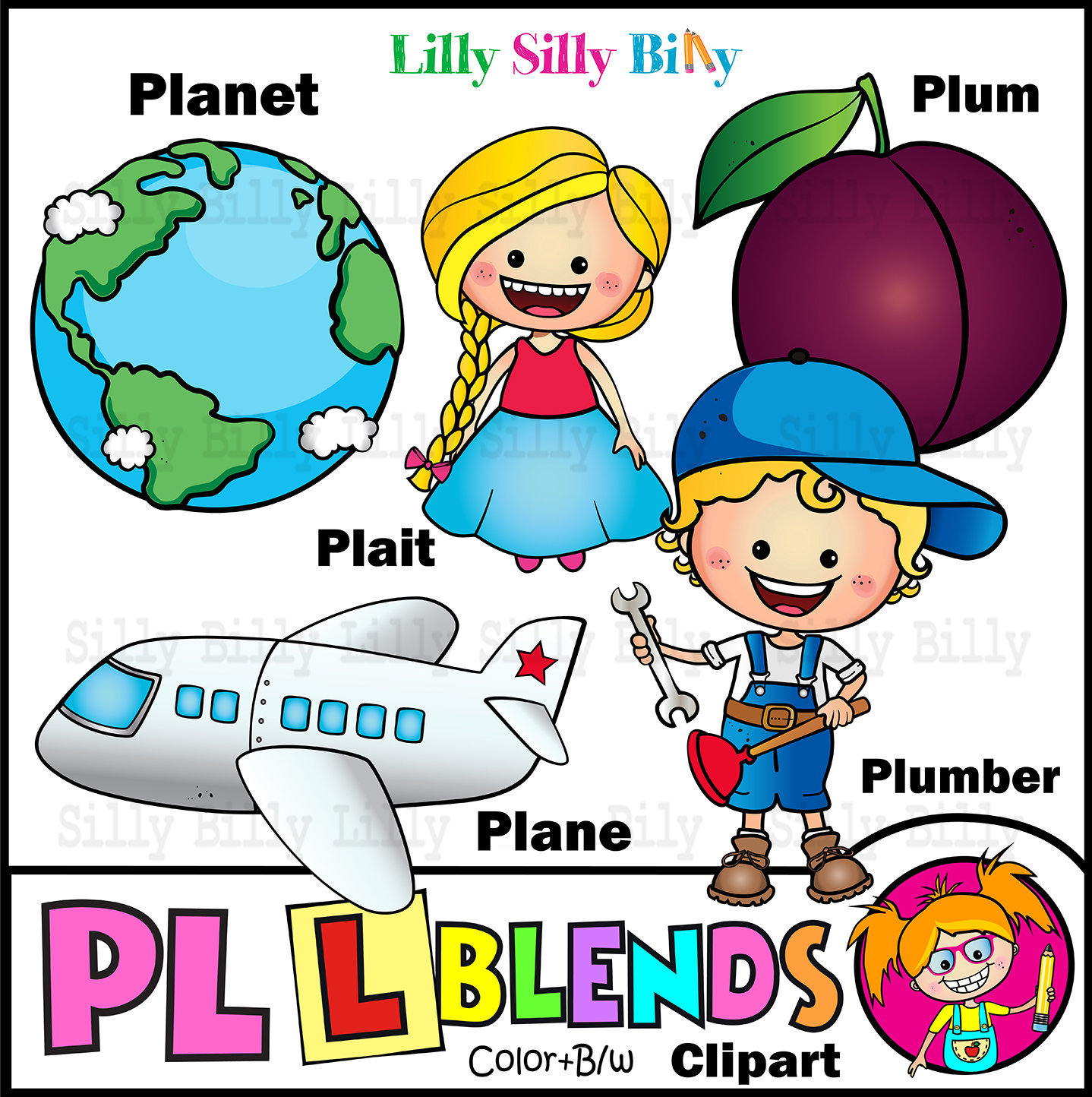 L Blends PL, Black and White and Color Clipart. Phonics/ Word ...