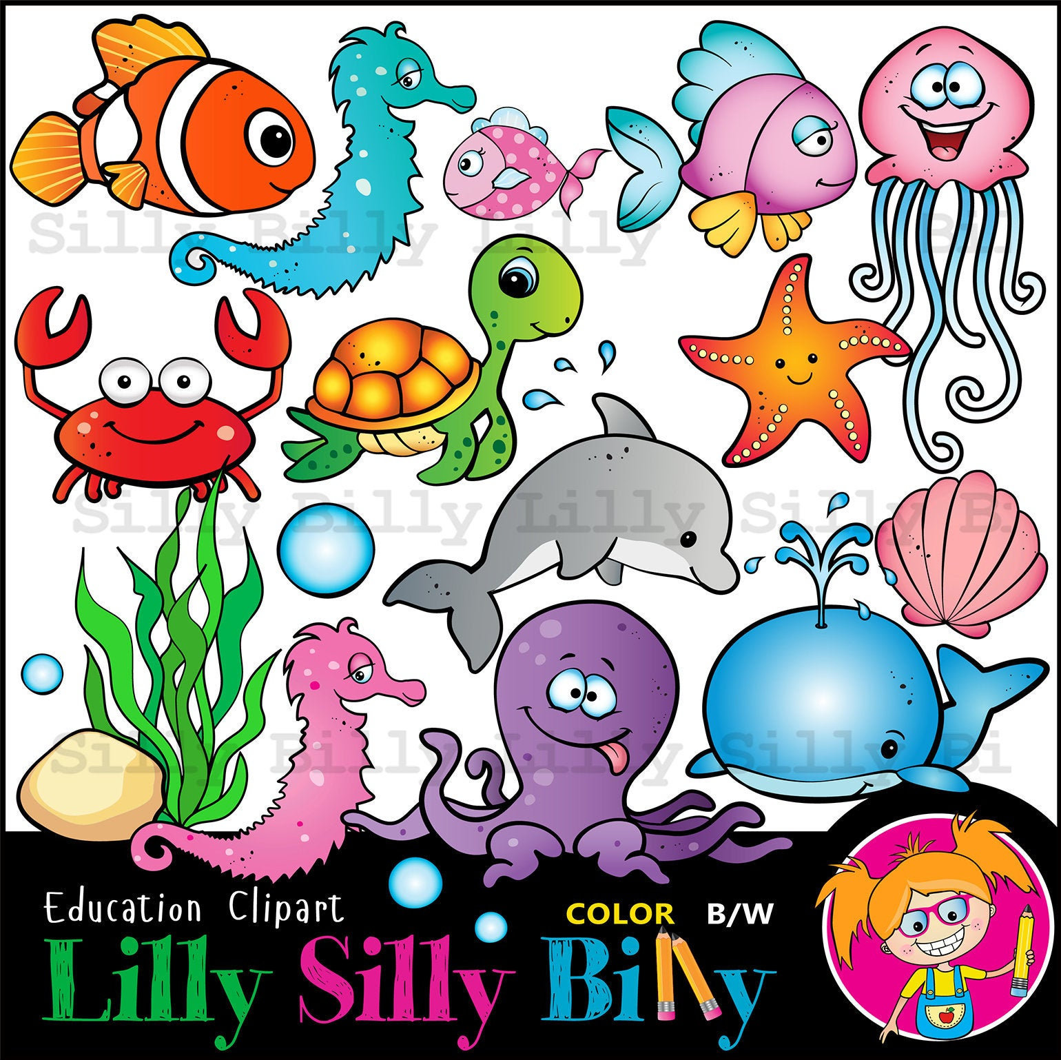 Silly Sea Creatures Clipart for Small Commercial and - Etsy