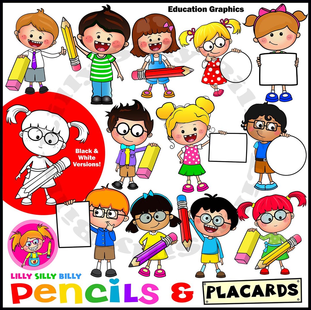 Pencils and Placards. Clipart Kids in Color & Black/white. Small ...