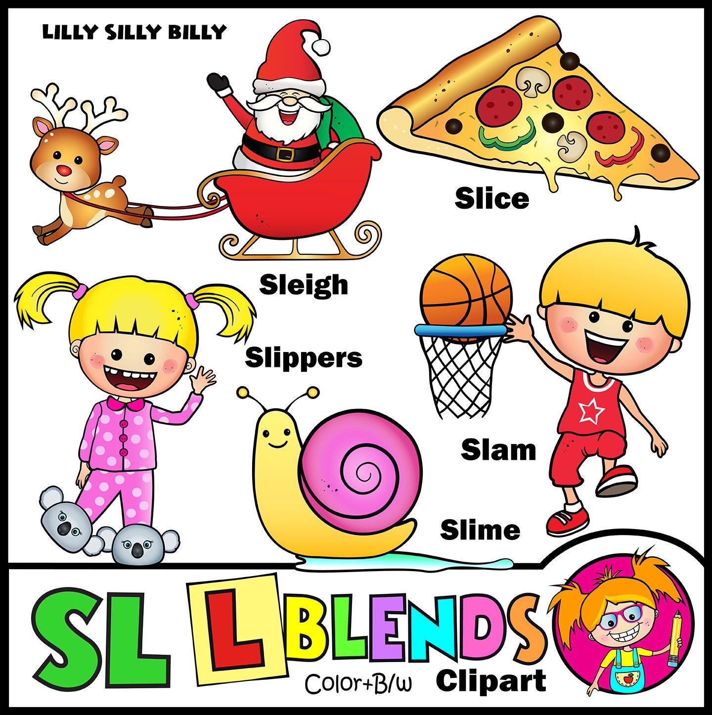 L Blends SL, Black and White and Color Clipart. Phonics/ Word ...