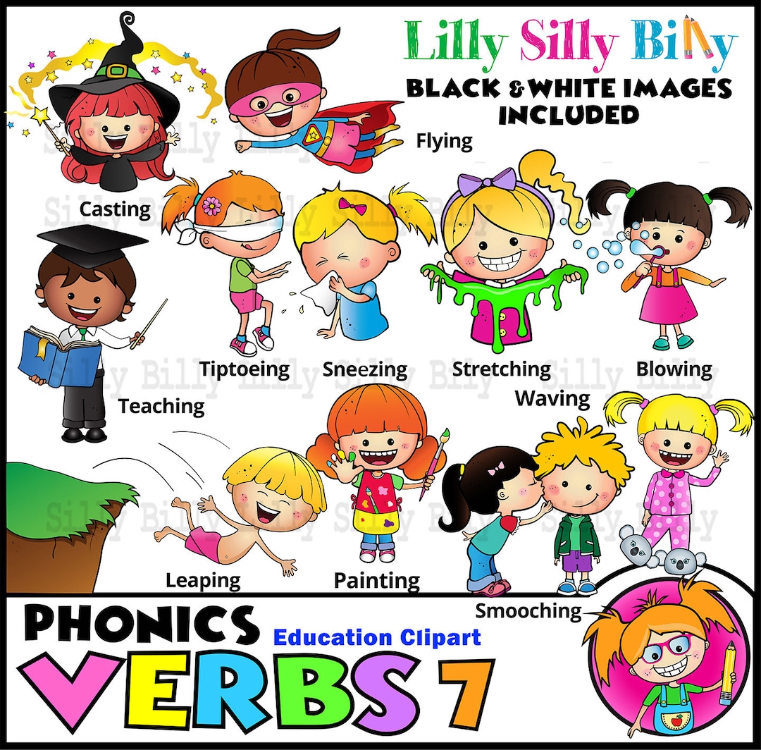 Phonics VERBS 7 - B/W & Color Clipart {lilly Silly Billy} - Etsy