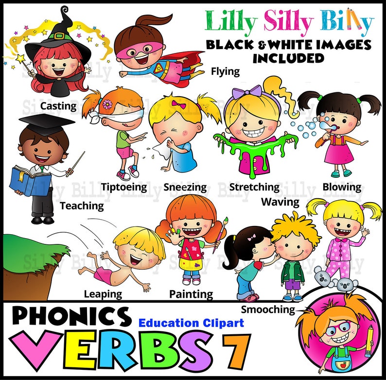 Phonics VERBS 7 B/W & Color Clipart lilly Silly Billy - Etsy