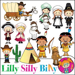 Colonial Kids, Clipart Mega Bundle, BLACK AND WHITE and Color Graphics ...