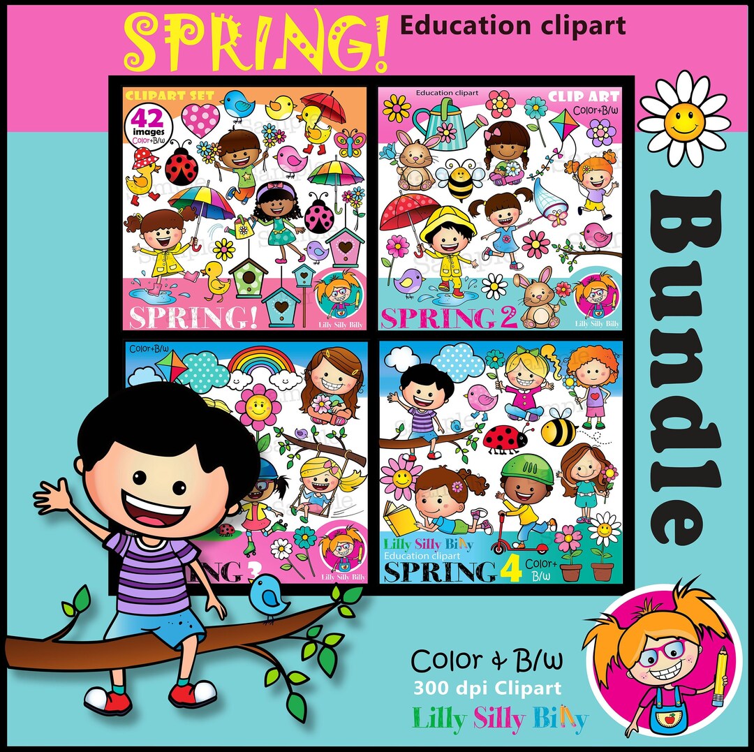 SPRING 1, 2, 3 & 4. Clipart Bundle. BLACK and WHITE and Color ...