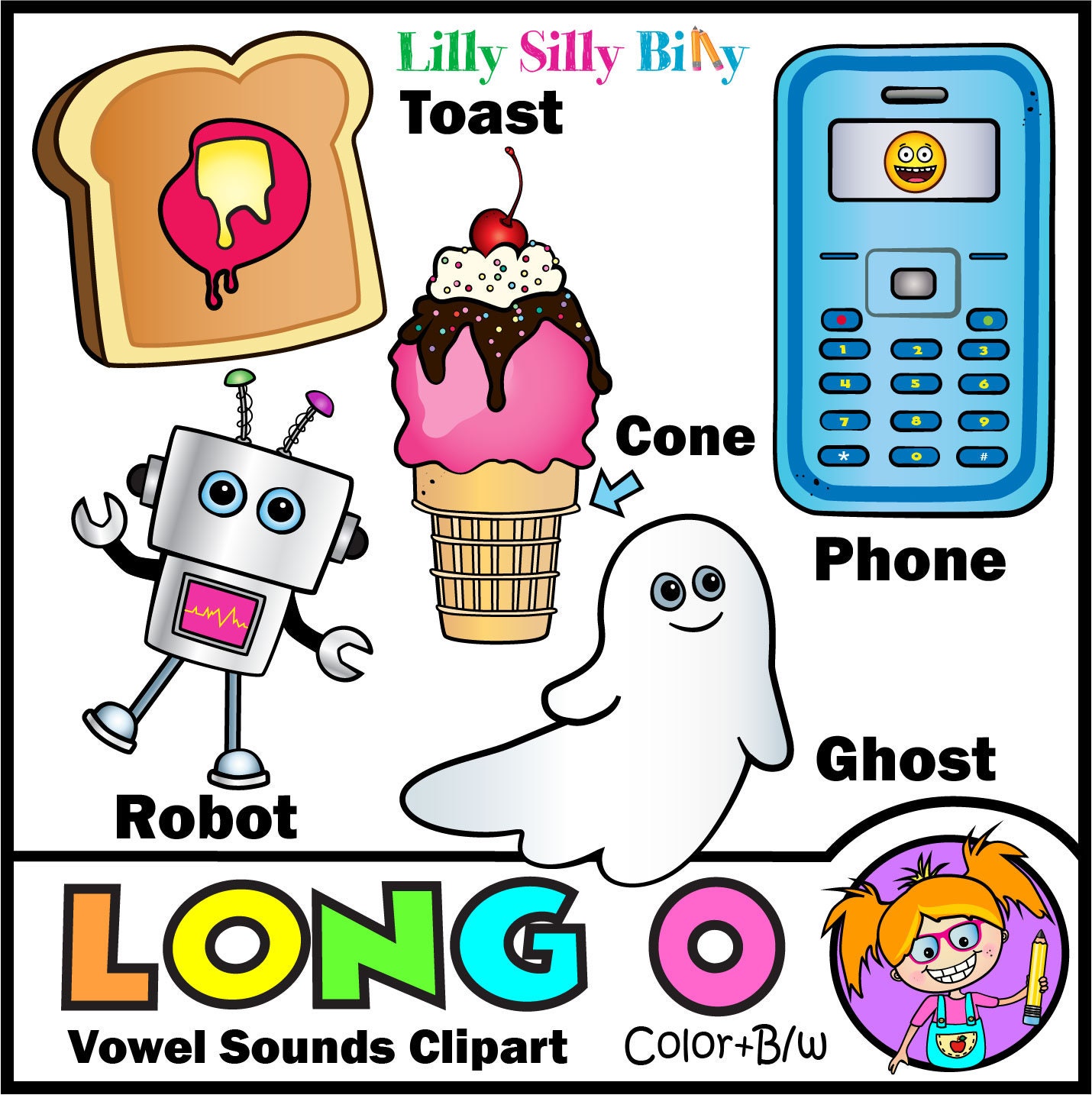 Phonics 50 Image LONG VOWELS BUNDLE B/W & Color Clipart. - Etsy