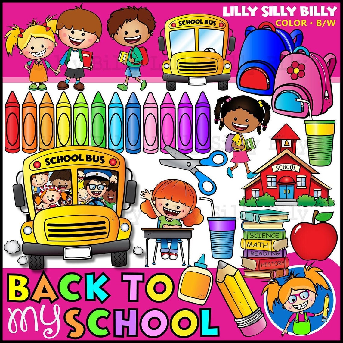 Back to MY School Clipart Black and White & COLOR Cute - Etsy