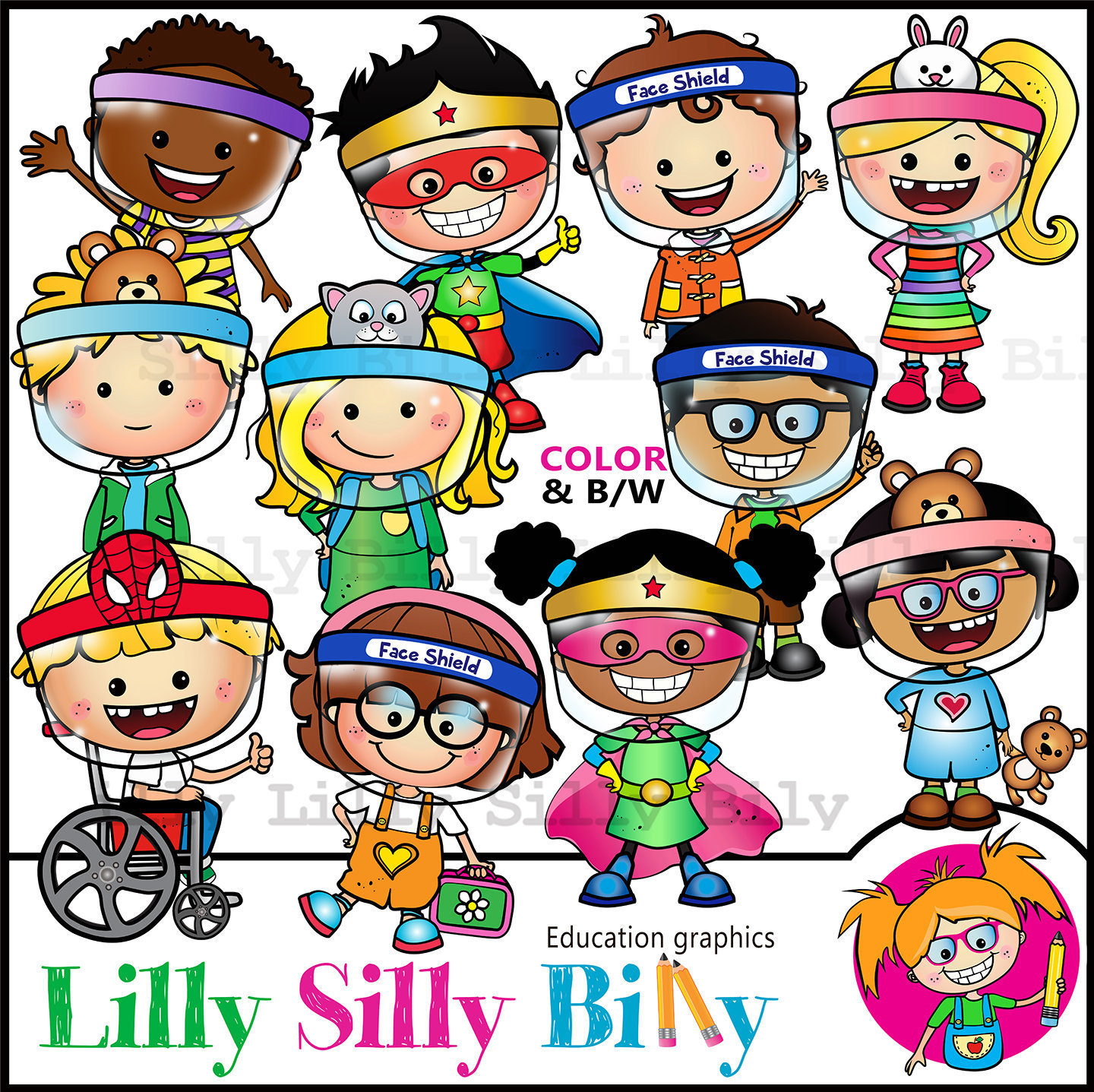 Kool Kids With Face Shields/ Masks, Clipart. BLACK and WHITE and Color ...