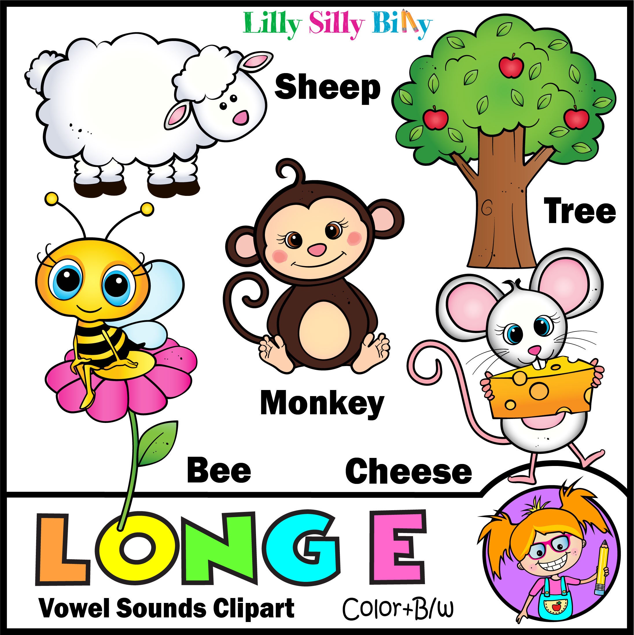 Phonics 50 Image LONG VOWELS BUNDLE B/W & Color Clipart. - Etsy