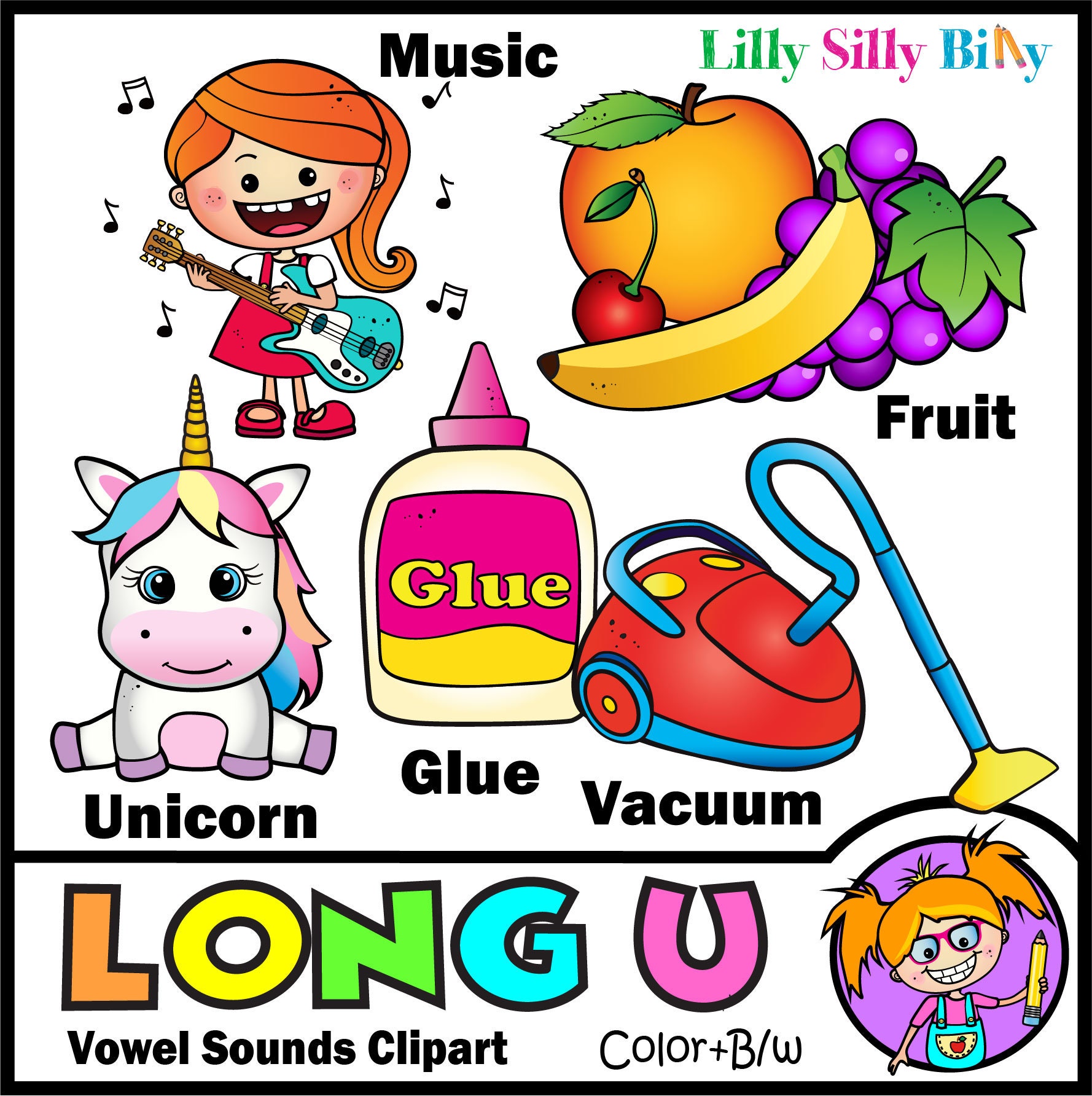 Phonics 50 Image LONG VOWELS BUNDLE B/W & Color Clipart. - Etsy