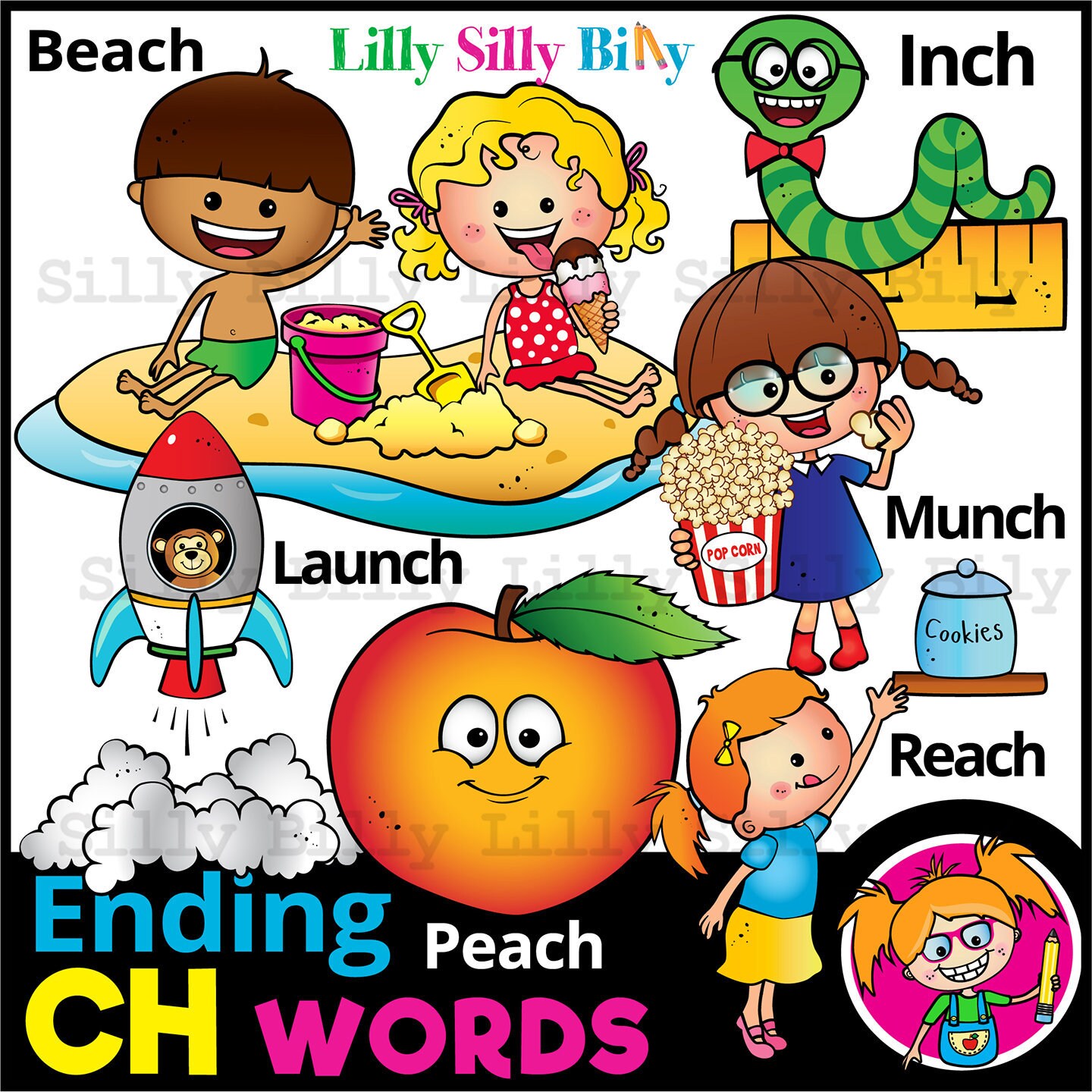 Dígrafos: Palabras finales 'CH' - Clipart B/N & Color para pequeños ...