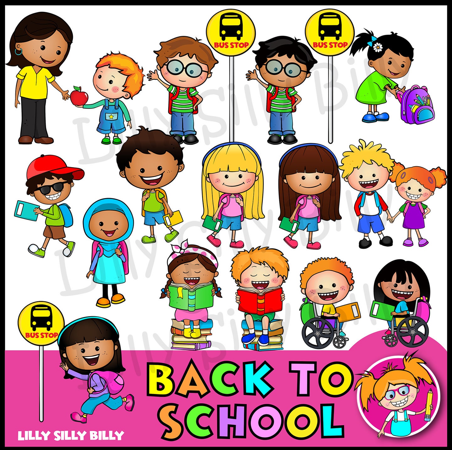 Niños de regreso a la escuela. Clipart, Blanco y Negro & COLOR, pequeño ...