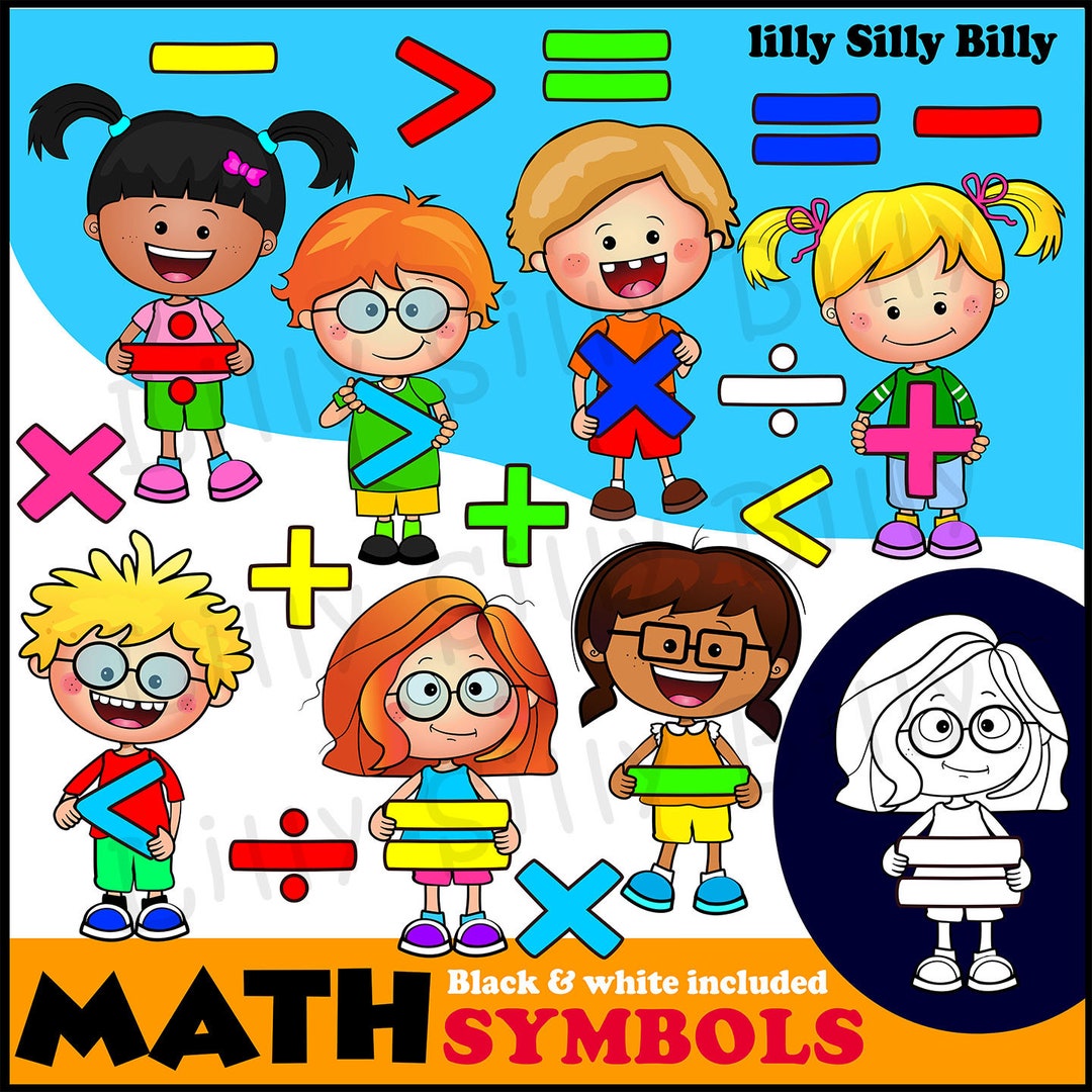 Math Symbol Kids - BLACK and WHITE/ and Full Color Clipart. Educational ...