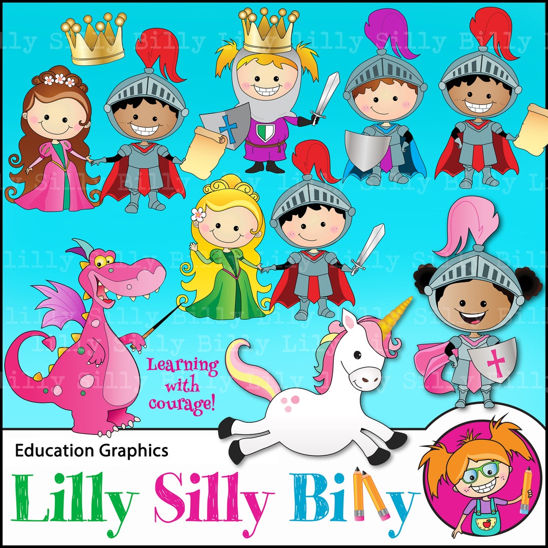 Knights and Unicorn Fairy Tale Clipart With Pink Dragon, Princess ...