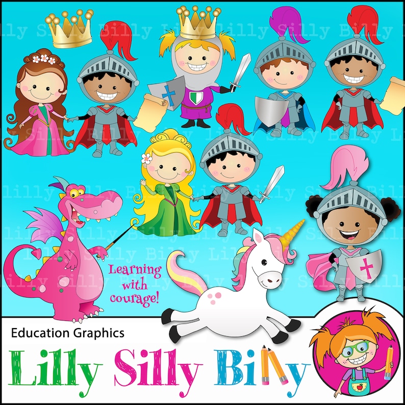Knights and Unicorn Fairy Tale Clipart With Pink Dragon, Princess ...