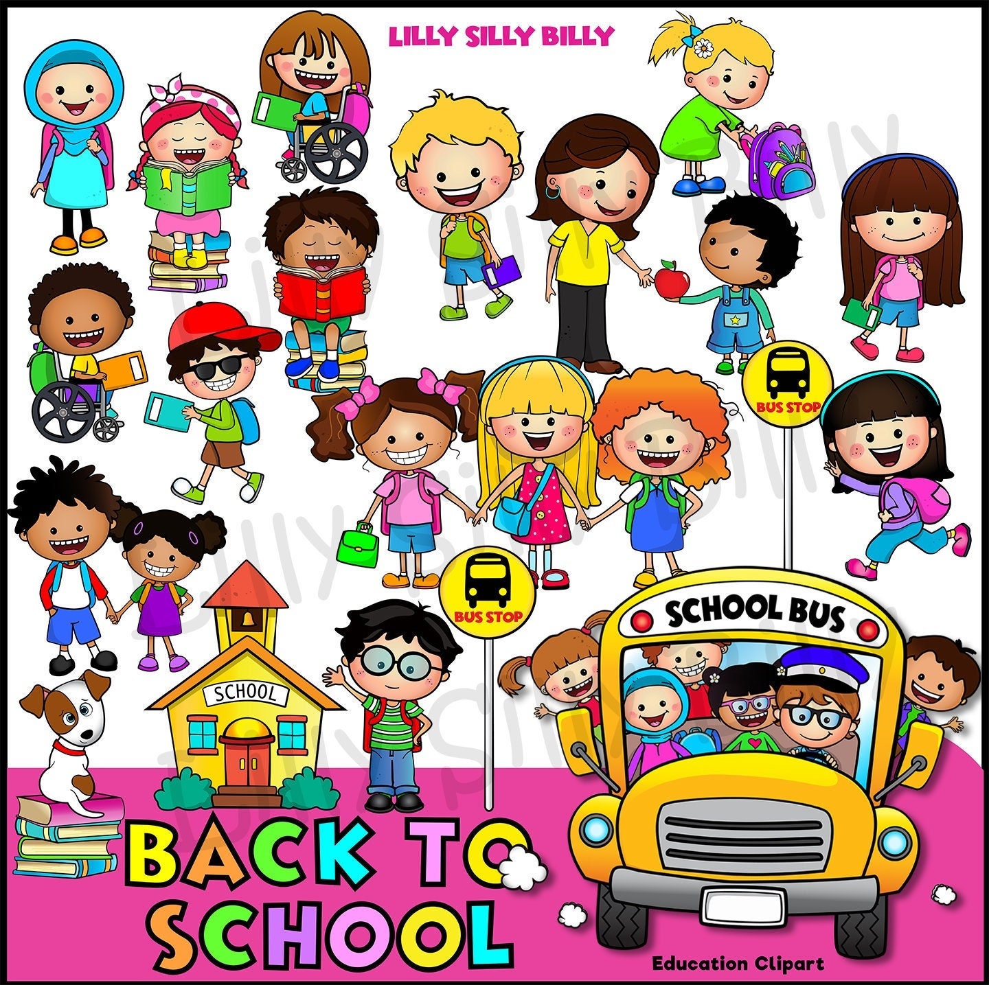 Black And White School Kids Clip Art