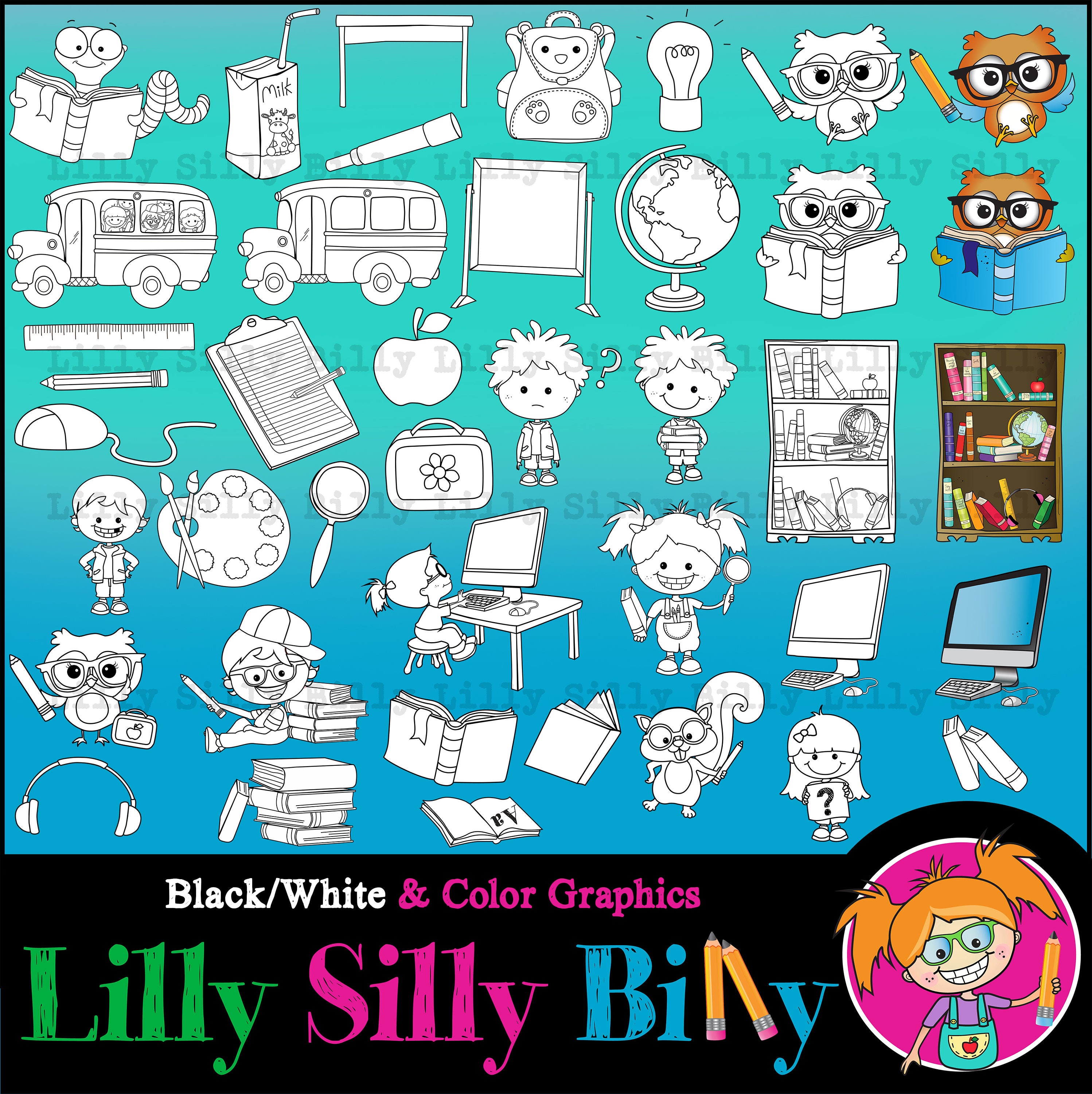 Back to School Clipart, 74 Images Black and White and Color, School ...