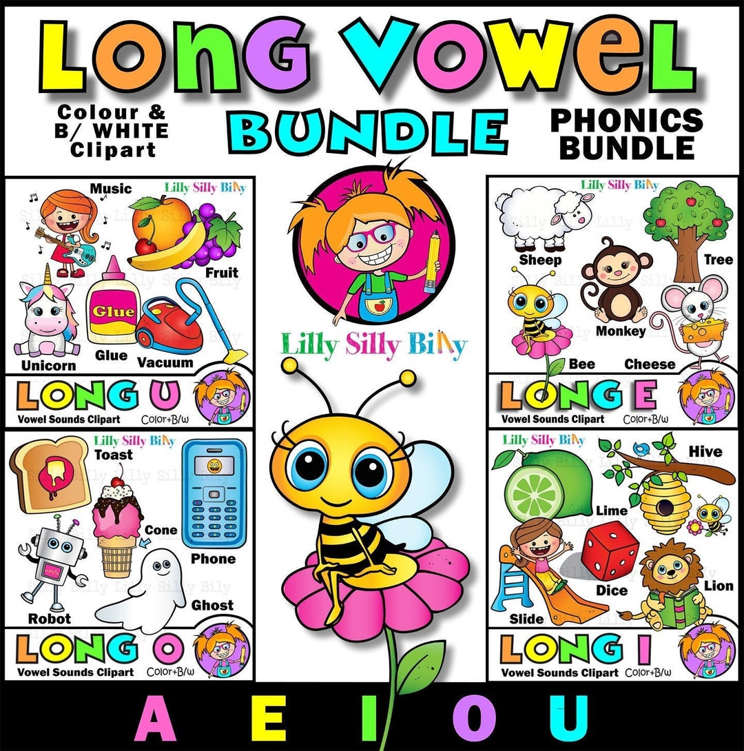 Phonics 50 Image, LONG VOWELS BUNDLE, - B/W & Color Clipart. {lilly ...