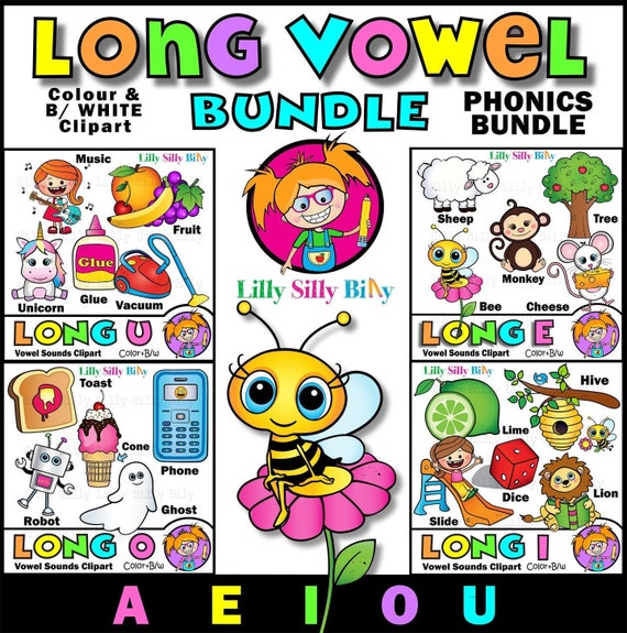 Phonics 50 Image LONG VOWELS BUNDLE B/W & Color Clipart. | Etsy