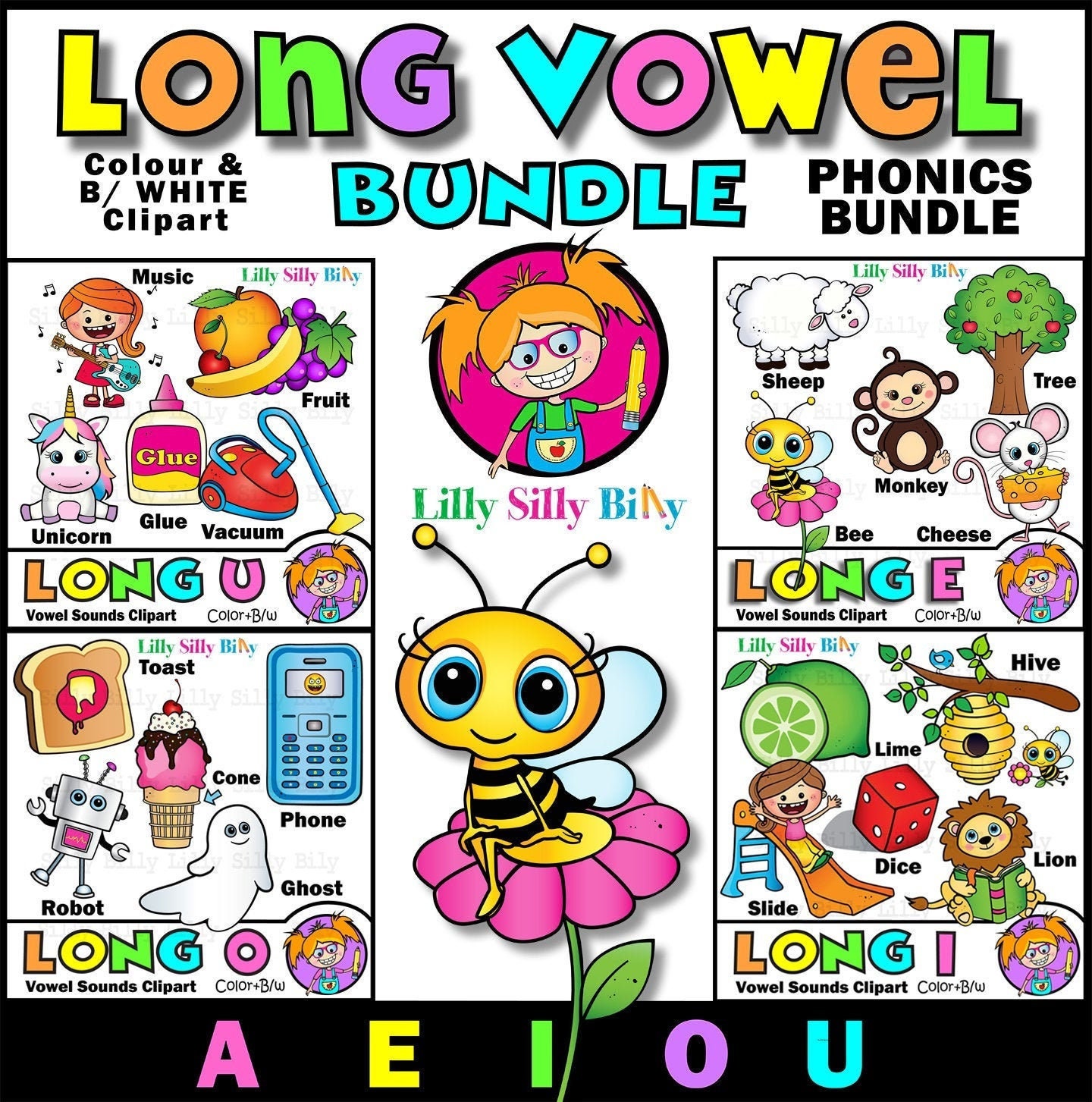 Phonics 50 Image LONG VOWELS BUNDLE B/W & Color Clipart. - Etsy