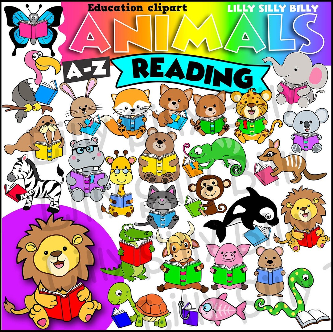 Animals READING, A-Z, Clipart. Black & White and Full Color Graphics ...