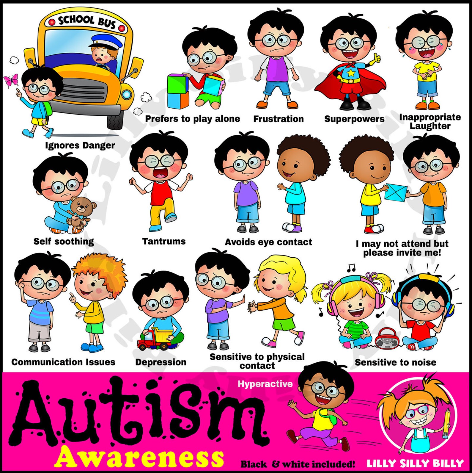 Autism Awareness Clipart - Black & White/ Full Color. Small Commercial ...