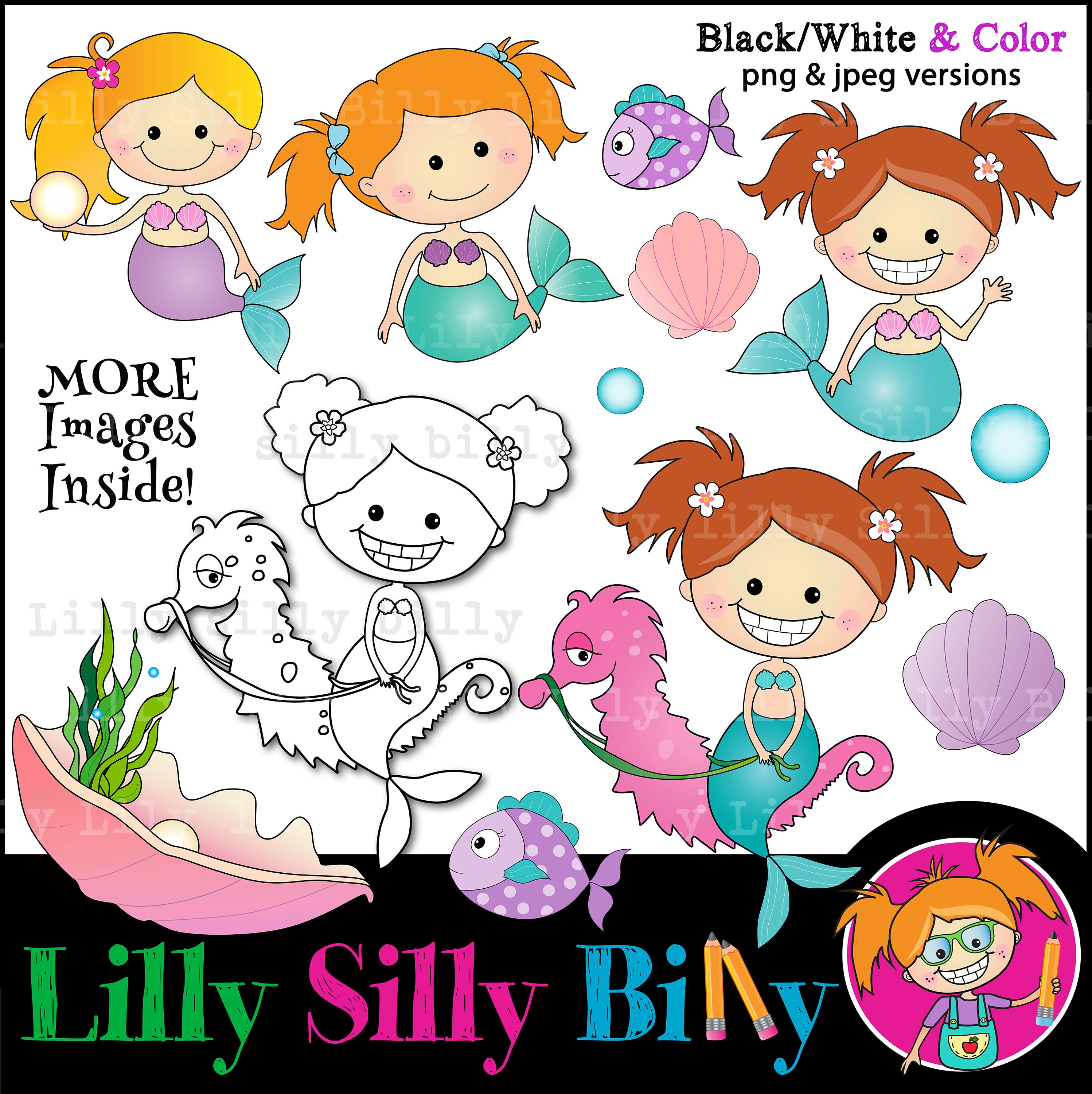 Mermaids clipart Color and Black and White commercial use | Etsy
