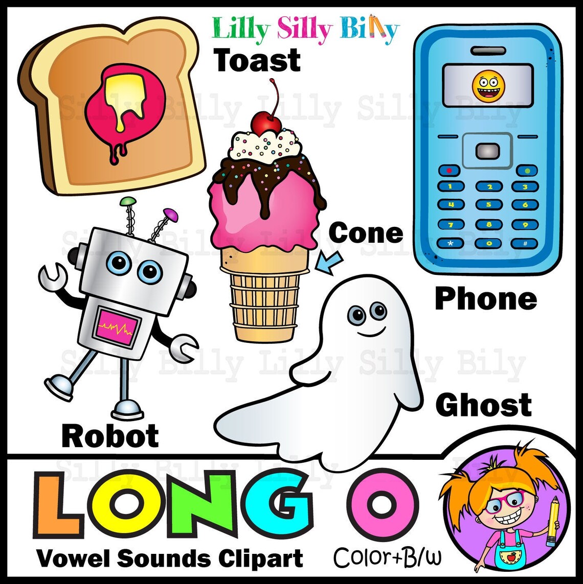 Phonics LONG O Vowel Sound B/W & Color Clipart. lilly Silly | Etsy