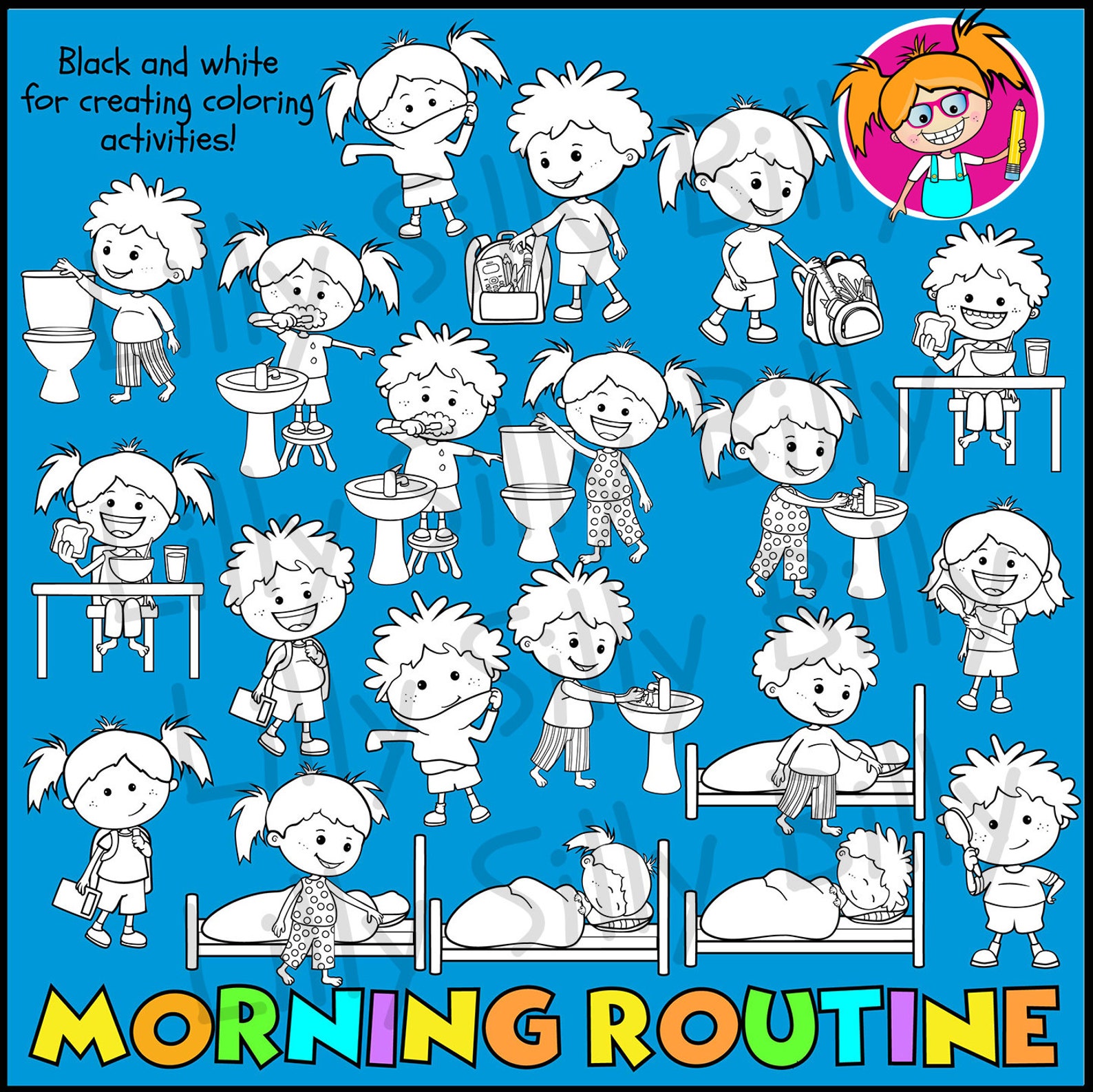 Morning Routine - Milo and Lilly. Sequential Clipart in Black & White ...