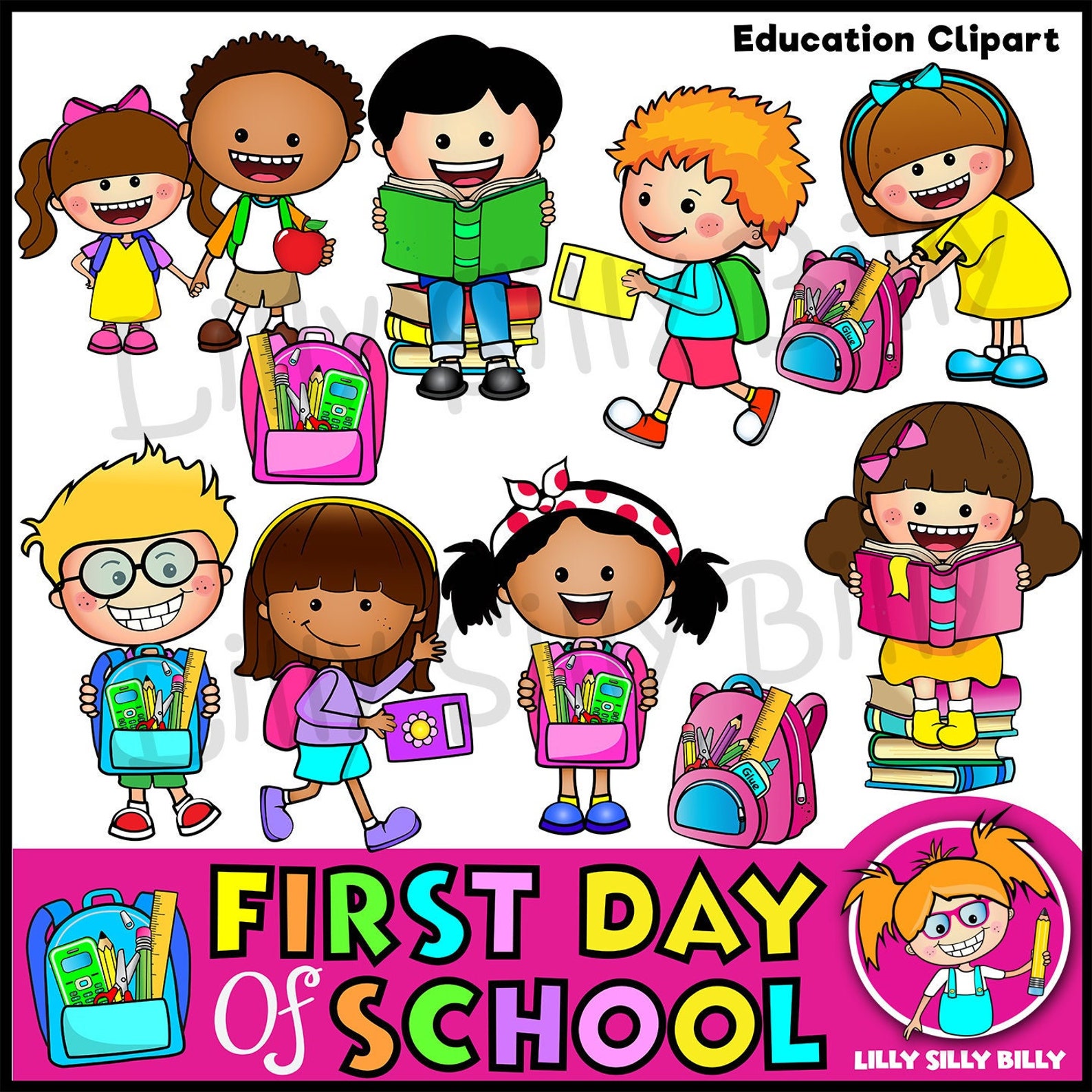 First Day of School. Clipart Black and White & COLOR Small - Etsy