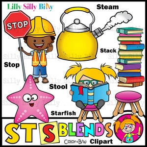S Blends - 8 Set, Phonics, Clipart BUNDLE. Illustrated Words to Engage ...