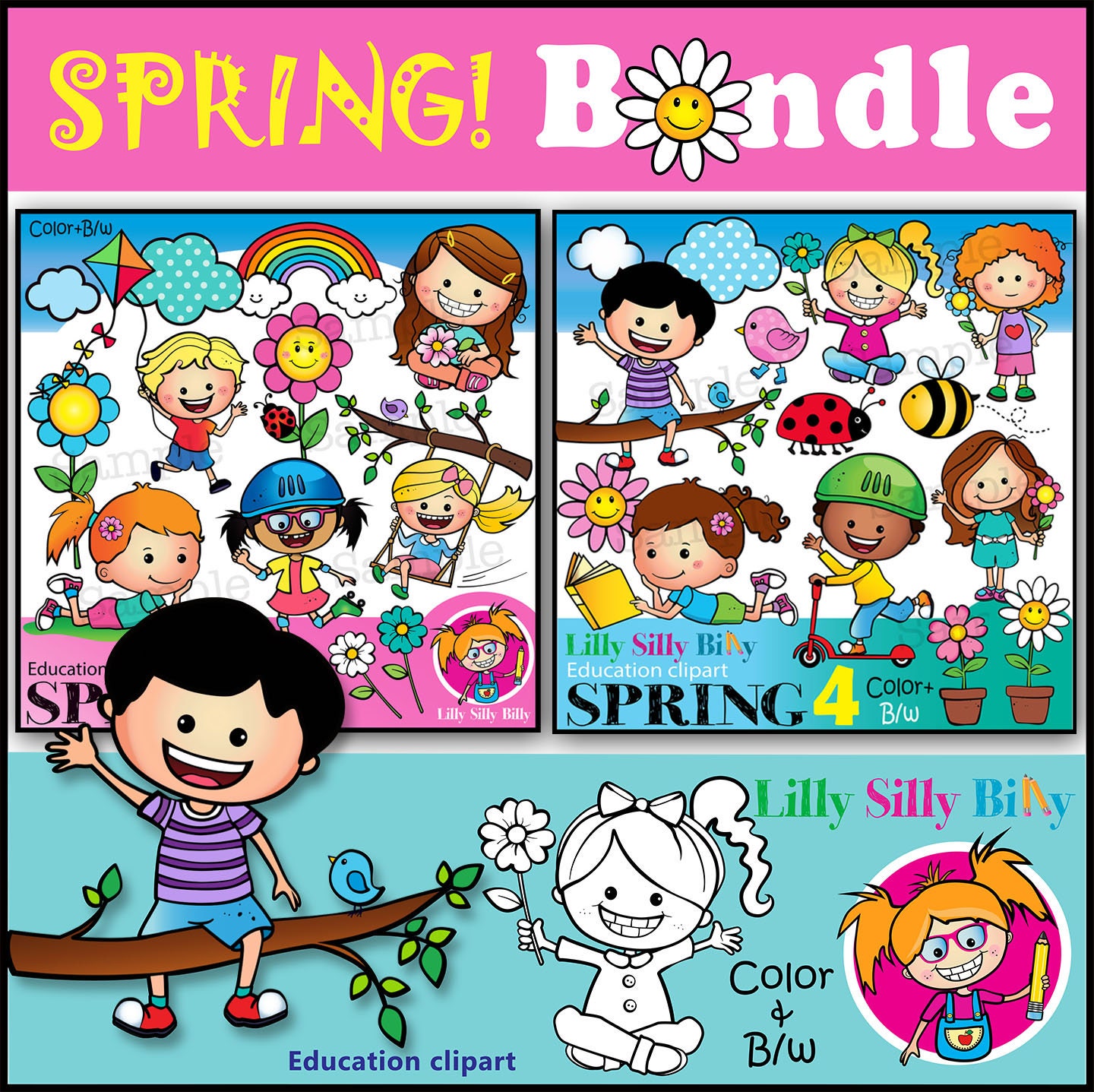 SPRING 1, 2, 3 & 4. Clipart Bundle. BLACK and WHITE and Color ...