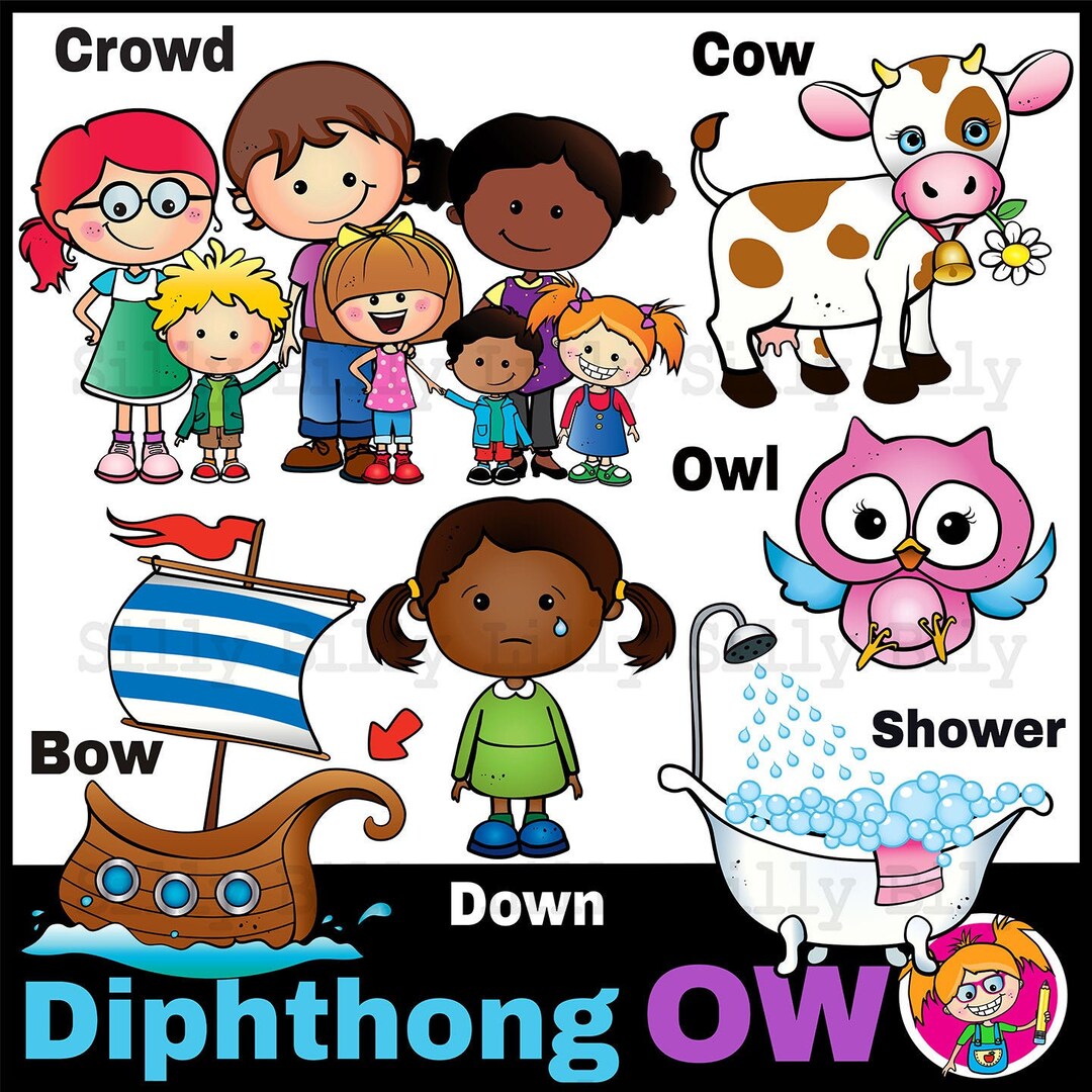 Diphthong '0W'. Phonics, Illustrated Words - B/W & Color Clipart for ...