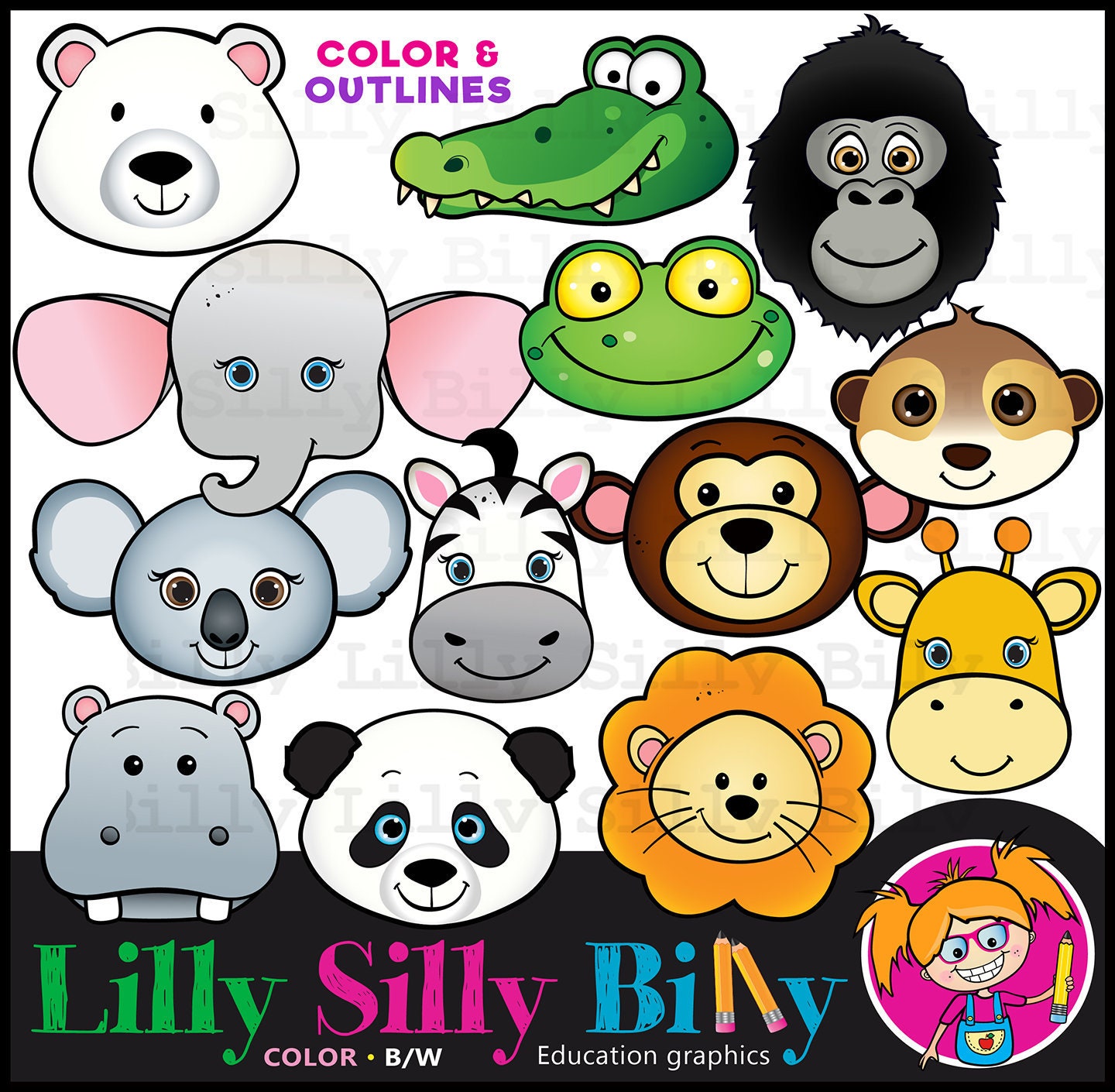 Group Of Zoo Animals Clipart Black And White