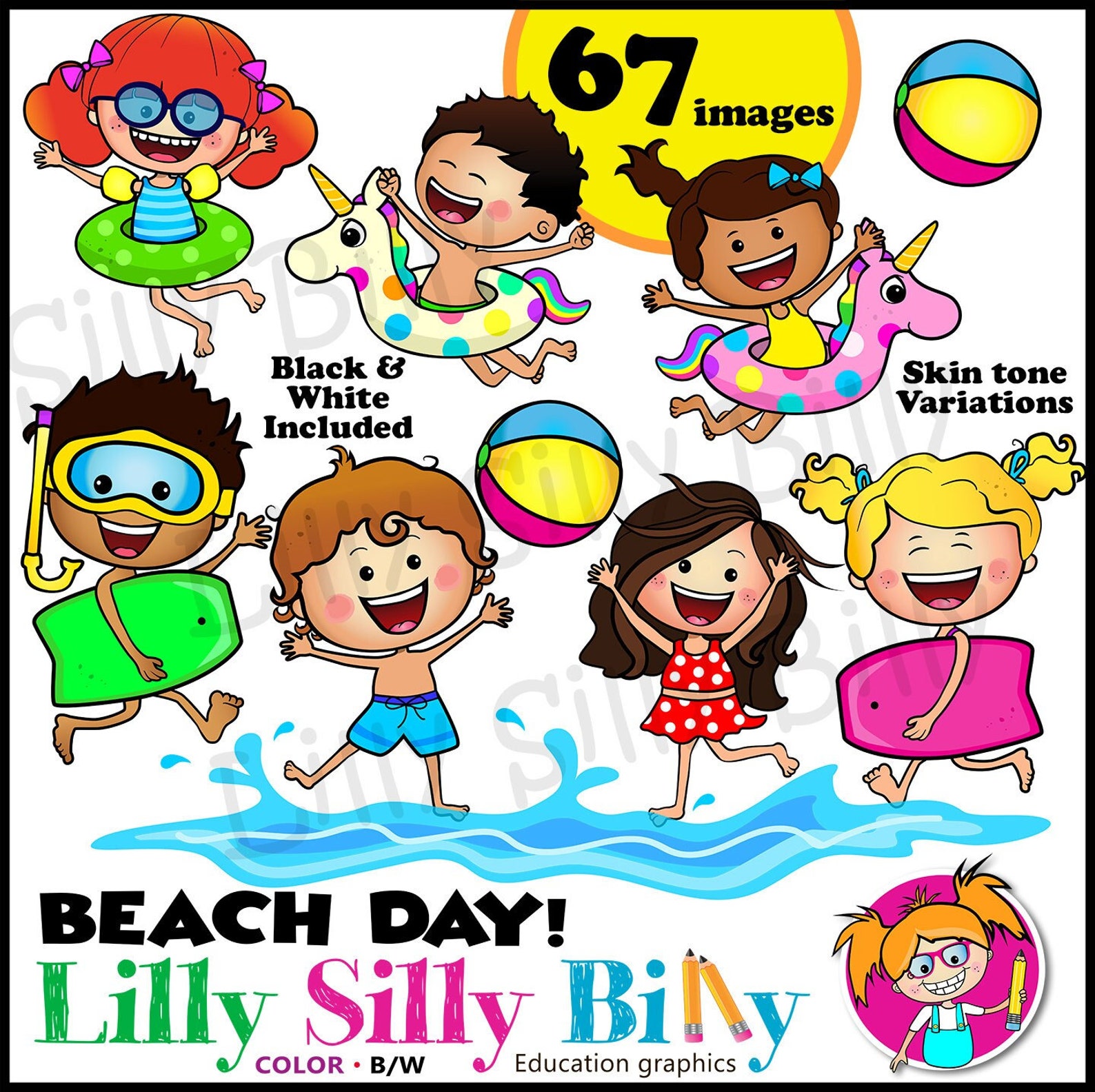 Beach Day! Clipart Super Set in Color & Black/white. {lilly Silly Billy ...