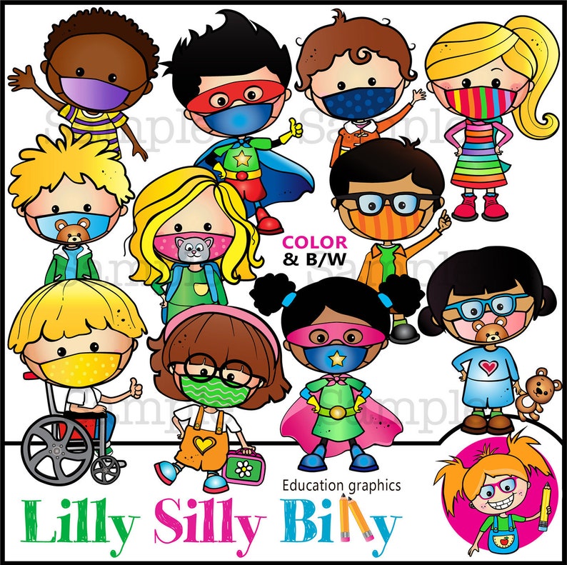 Kool Kids With Covid-safe Masks, Clipart. BLACK and WHITE and Color ...