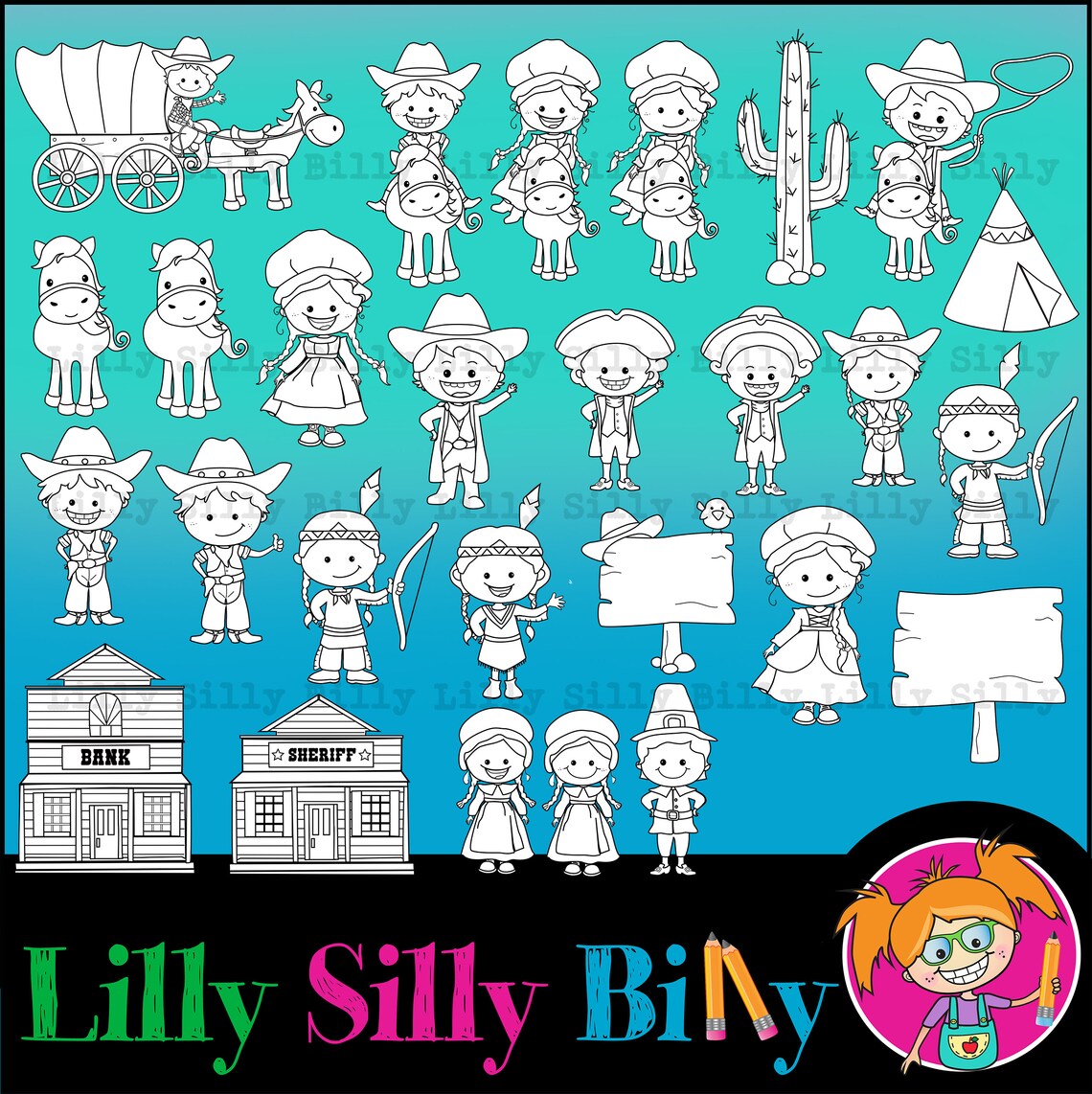 Colonial Kids Clipart Mega Bundle BLACK AND WHITE and Color | Etsy
