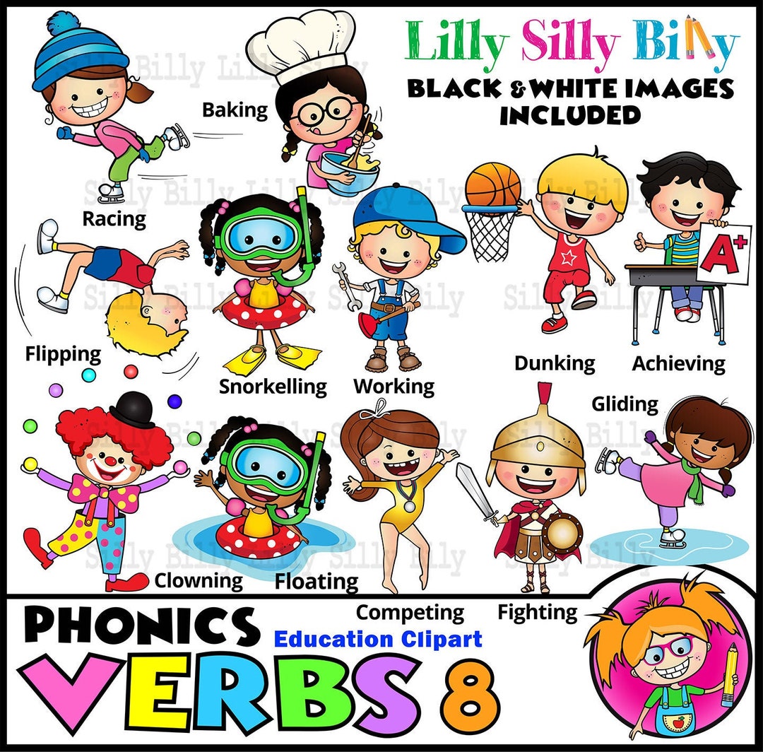 Phonics VERBS 8 - B/W & Color Clipart {lilly Silly Billy} - Etsy
