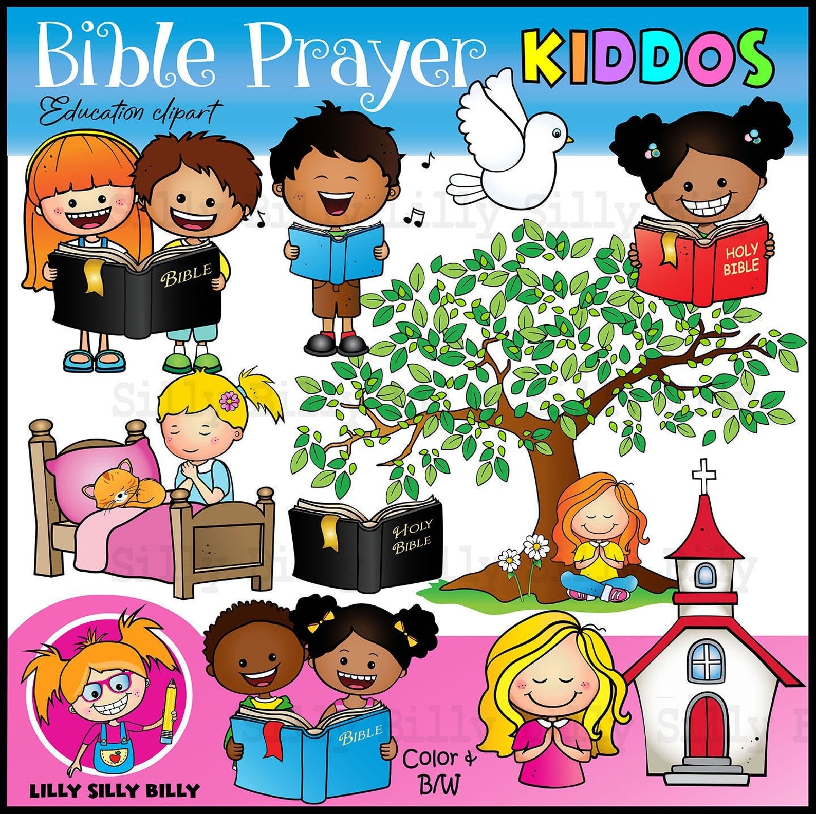 Bible Prayer Clipart. BLACK and WHITE and Color. Vibrant Illustrations ...