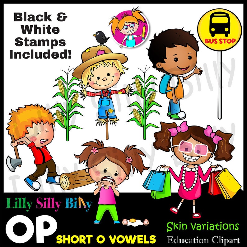 Phonics SHORT 0 Word Family op Words B/W & Color Clipart. - Etsy