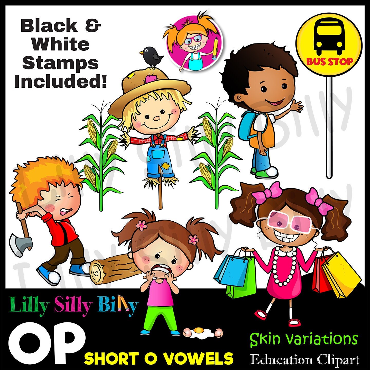 Phonics SHORT 0 Word Family op Words B/W & Color Clipart. - Etsy
