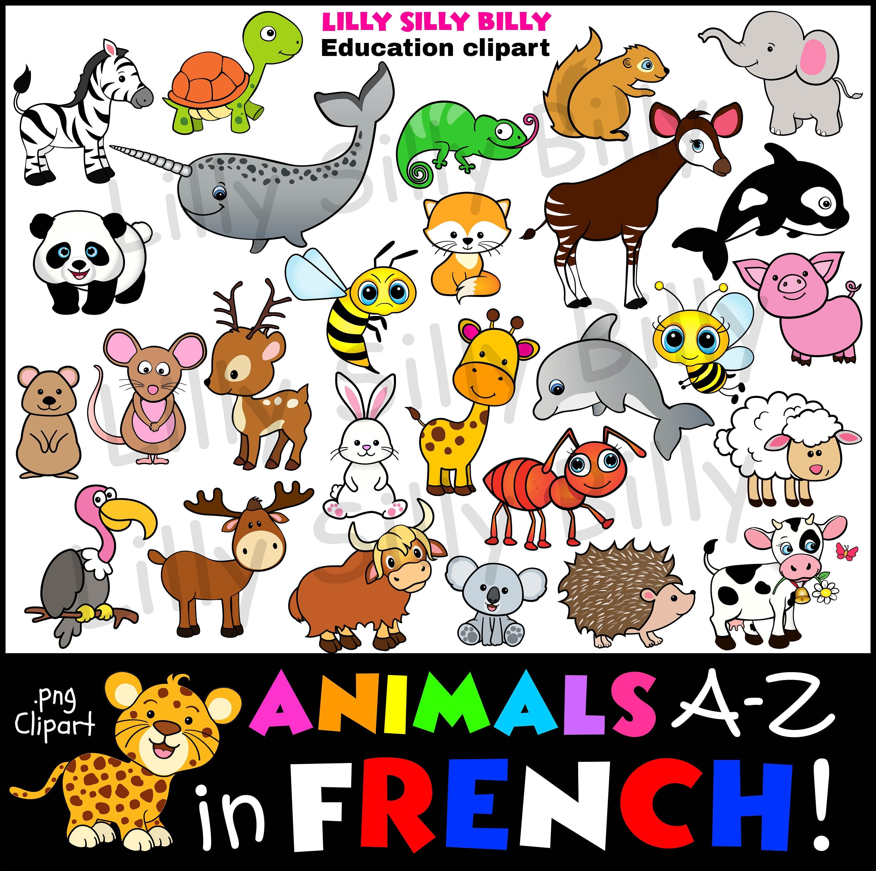 FRENCH Animals A-Z, Clipart. Black & White and Full Color Graphics ...