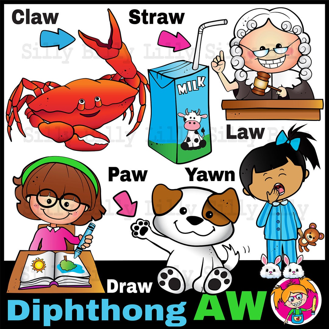 Diphthong 'AW'. Phonics, Illustrated Words - B/W & Color Clipart for ...