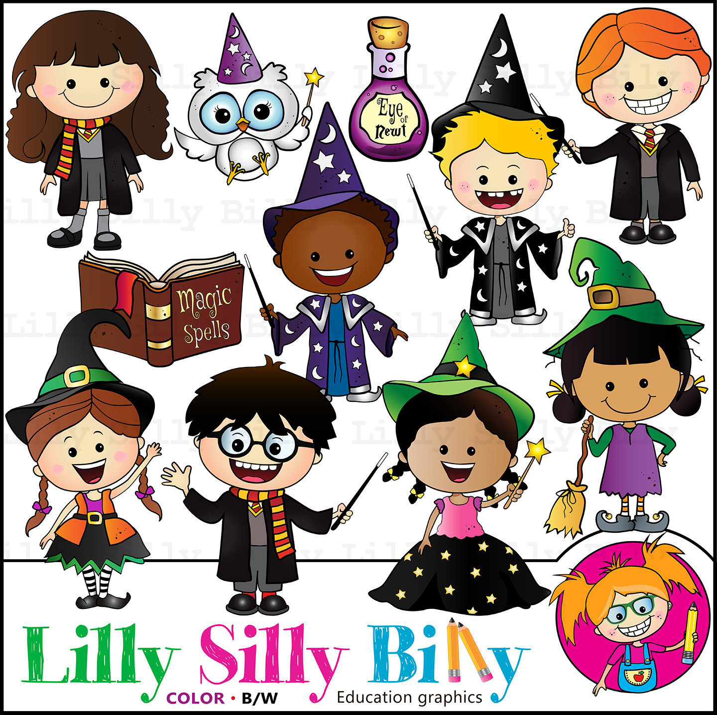 Magical/ Halloween Clipart. Magic Kids. BLACK and WHITE/ COLOR. Super ...
