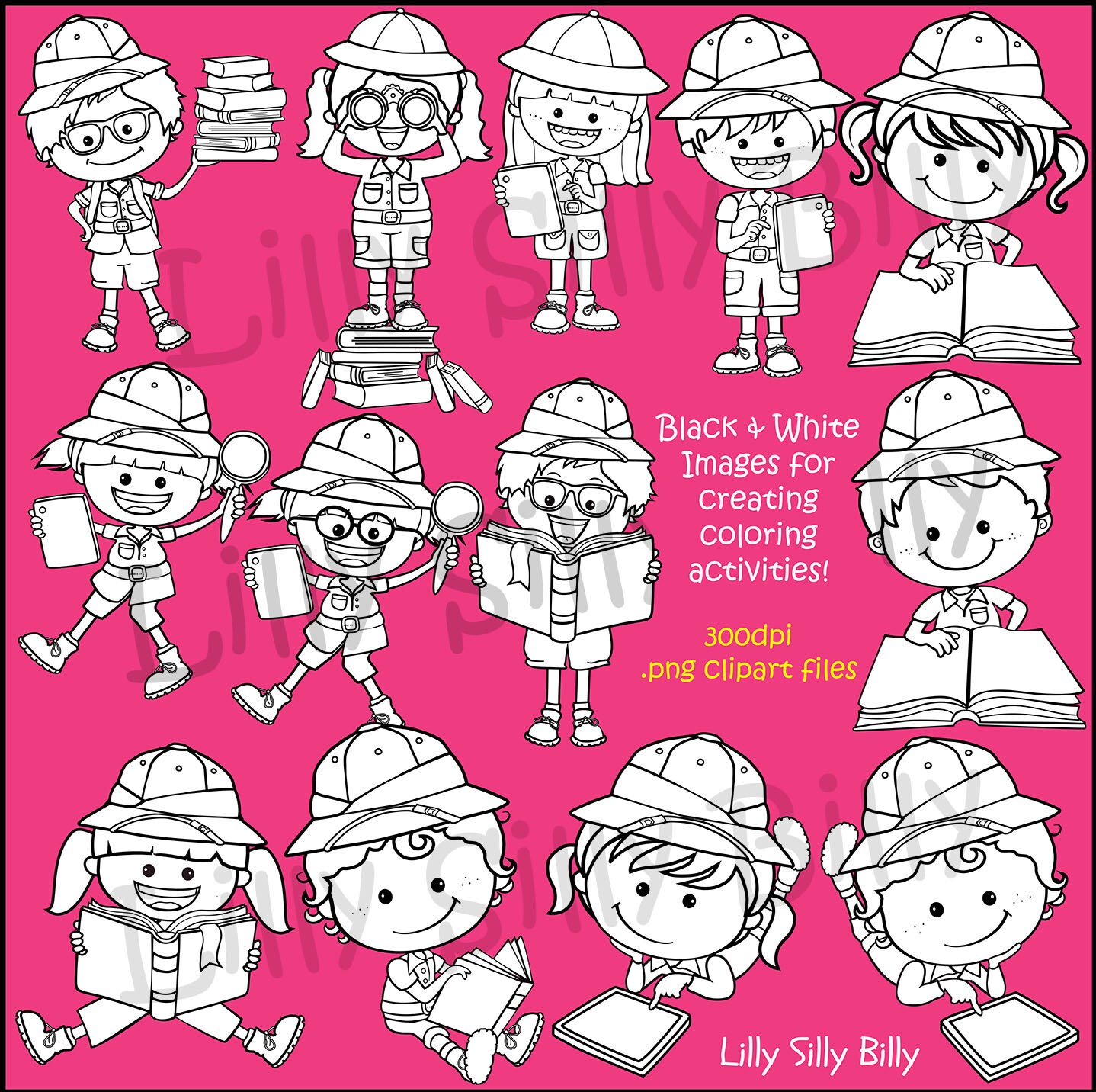 Explorers - Books and Ipads. Black and White & COLOR, Clipart. Small ...